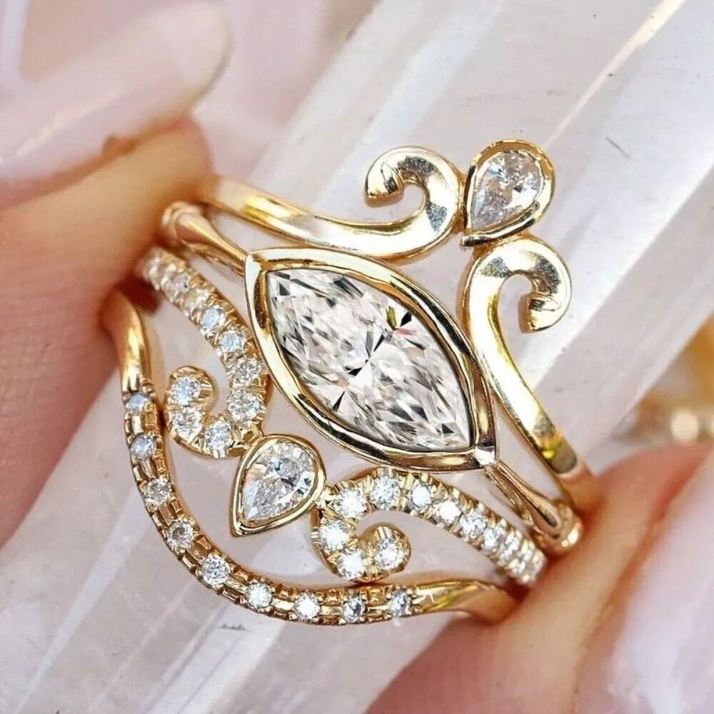 RKC 3Ct Marquise Cut Lab Created Diamond 4 Set Band Wedding 14K Yellow ...