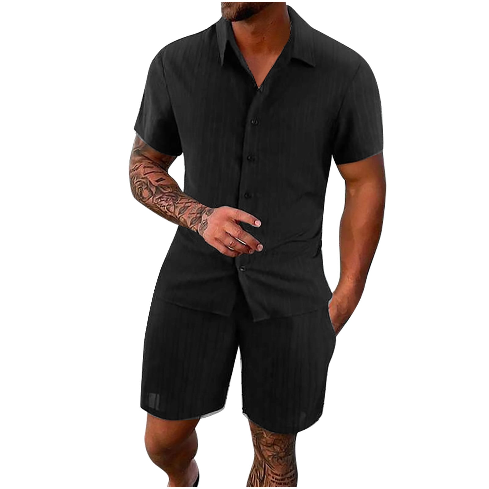 RKSTN Black Men Sets 2 Piece Outfits Cotton Linen Solid Color Button ...