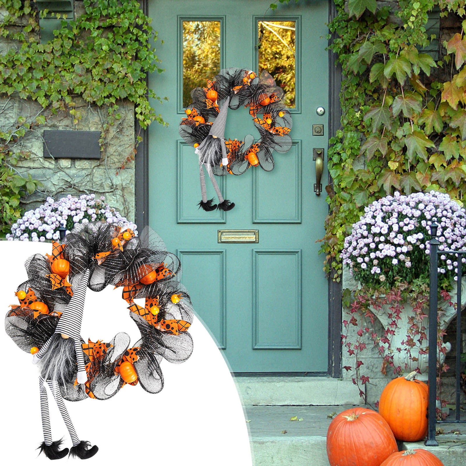 RKSTN Halloween Wreaths for Front Door Mesh Wreath with Gnome Front ...