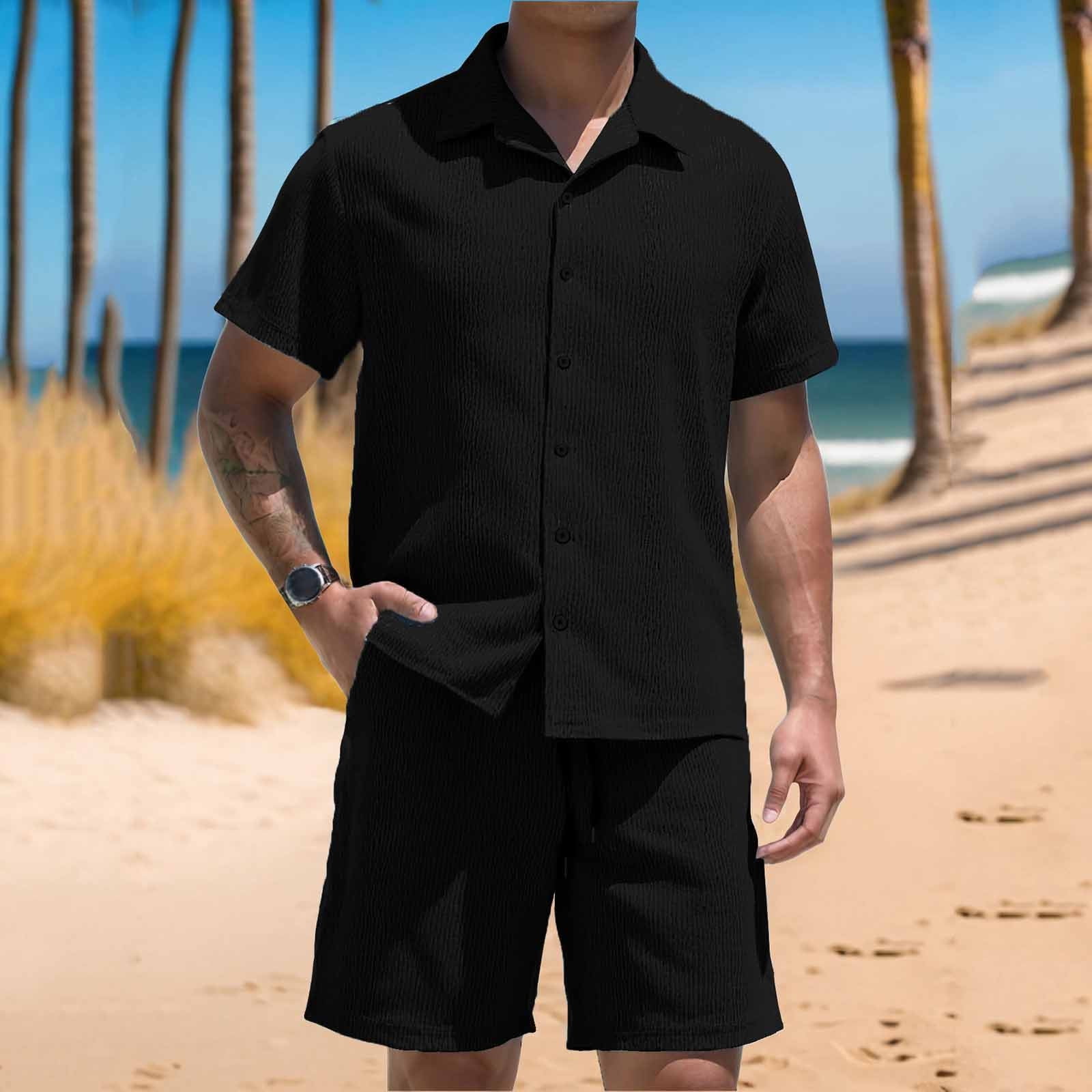 RKSTN Men Sets 2 Piece Outfits Vertical Stripes Solid Color Button Down ...