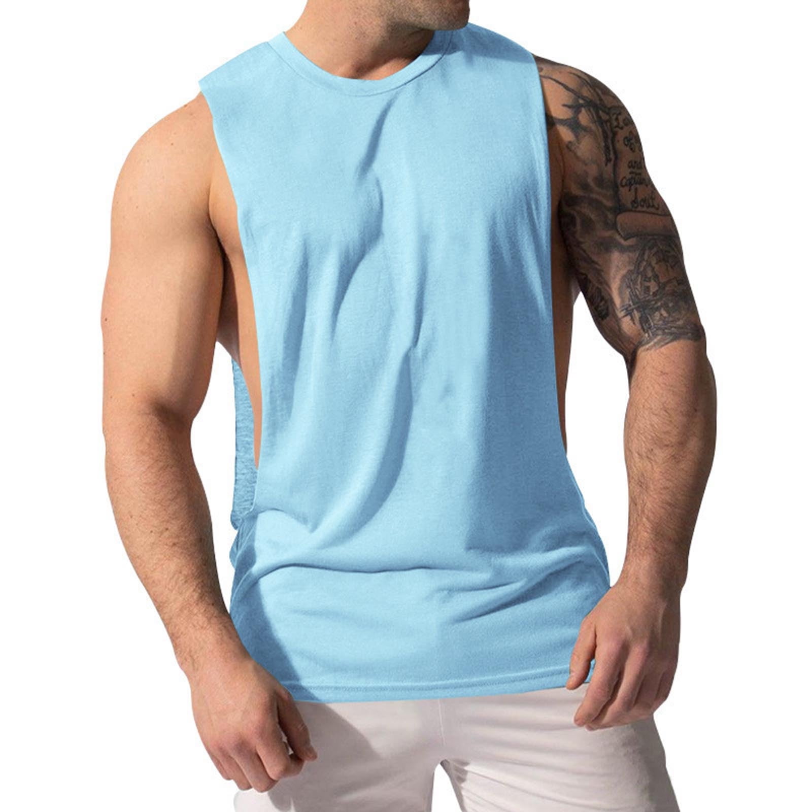 RKSTN Mens Shirts Sleeveless Workout Tank Tops Solid Color Stylish Crew ...