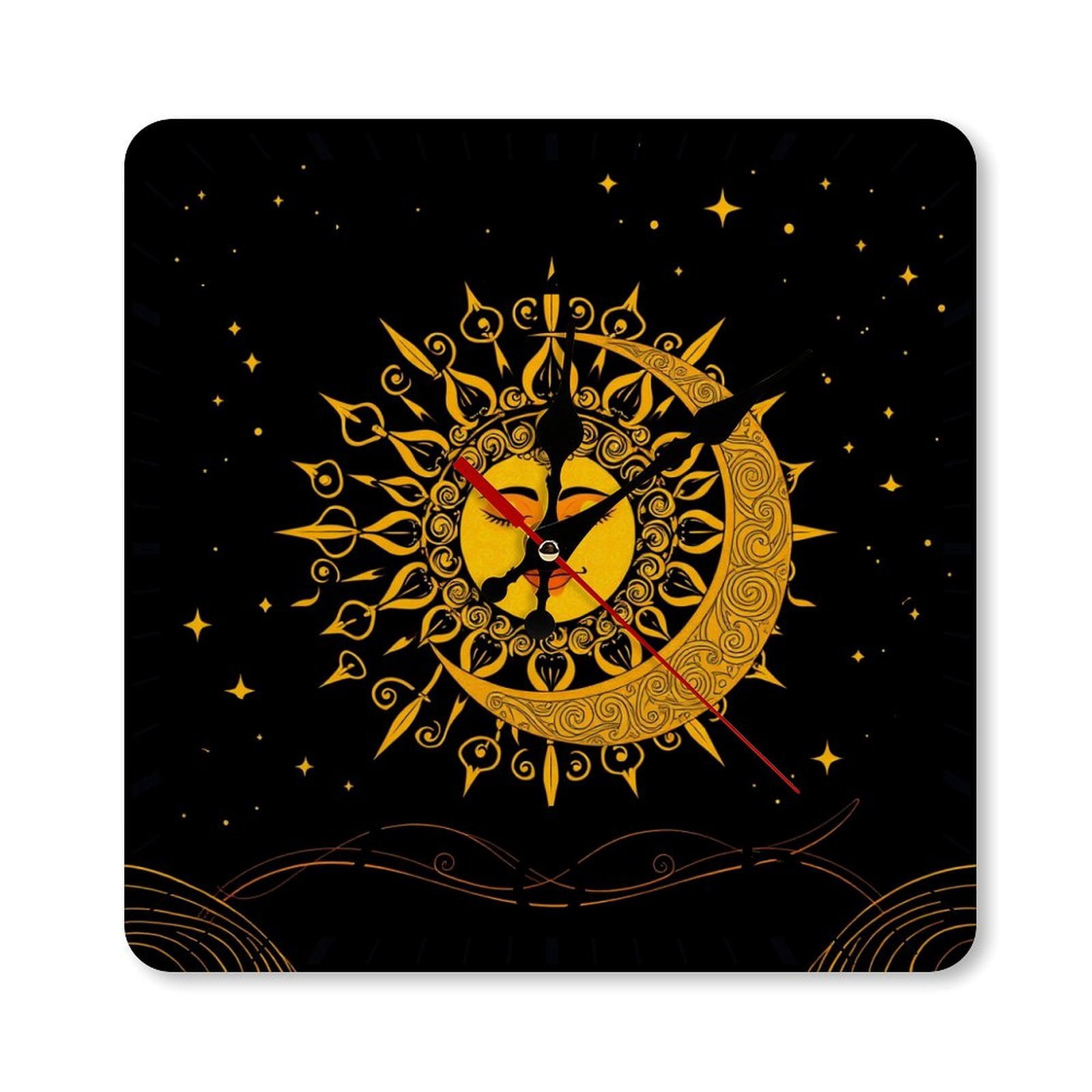 RKSupls 10×10inch Square Silent Wall Clock Wooden Frame, Boho Sun Moon ...