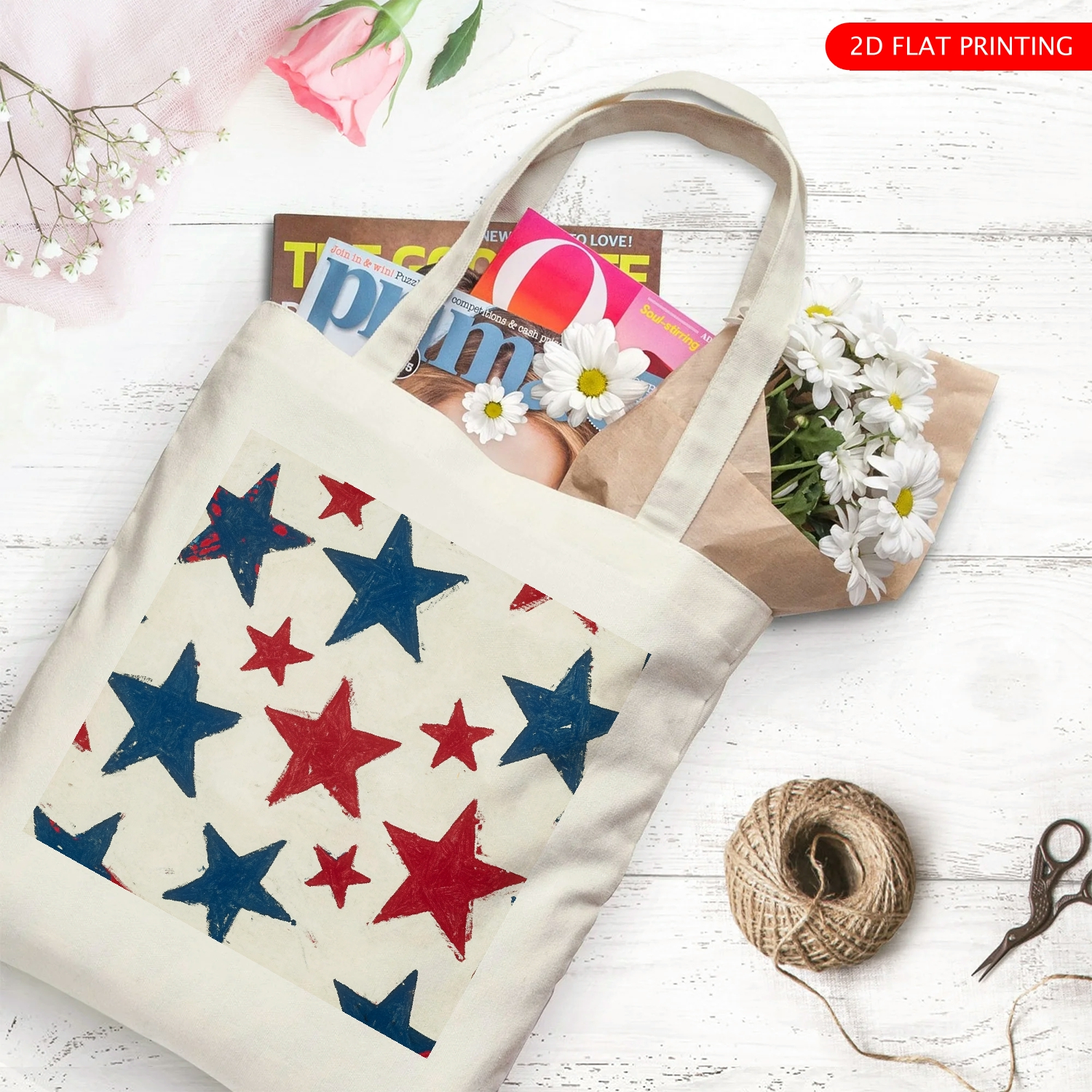 RKSupls 4th of July Patriotic Canvas Tote Bag, Red and Blue Star ...
