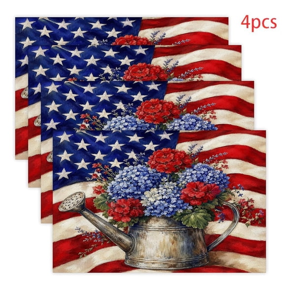 RKSupls Hydrangea Geranium Watering Can Flag Decor Linen Placemats ...