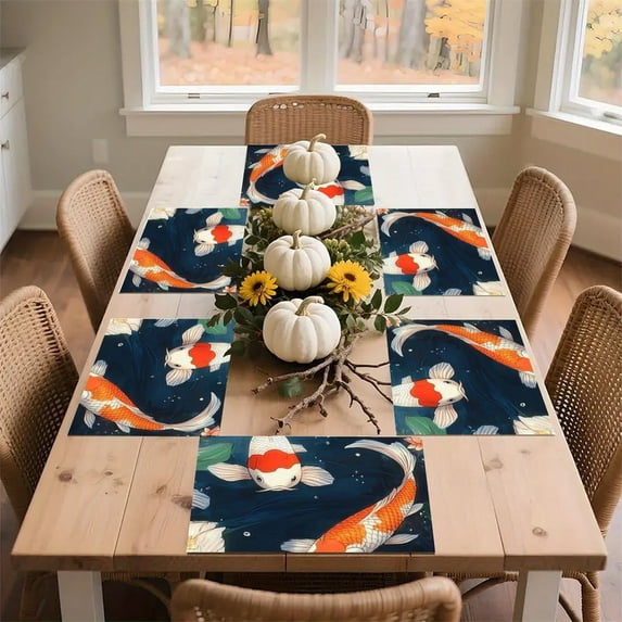 RKSupls Koi Fish Lotus Pond Linen Placemats 30x45cm Straight Edge Stain ...