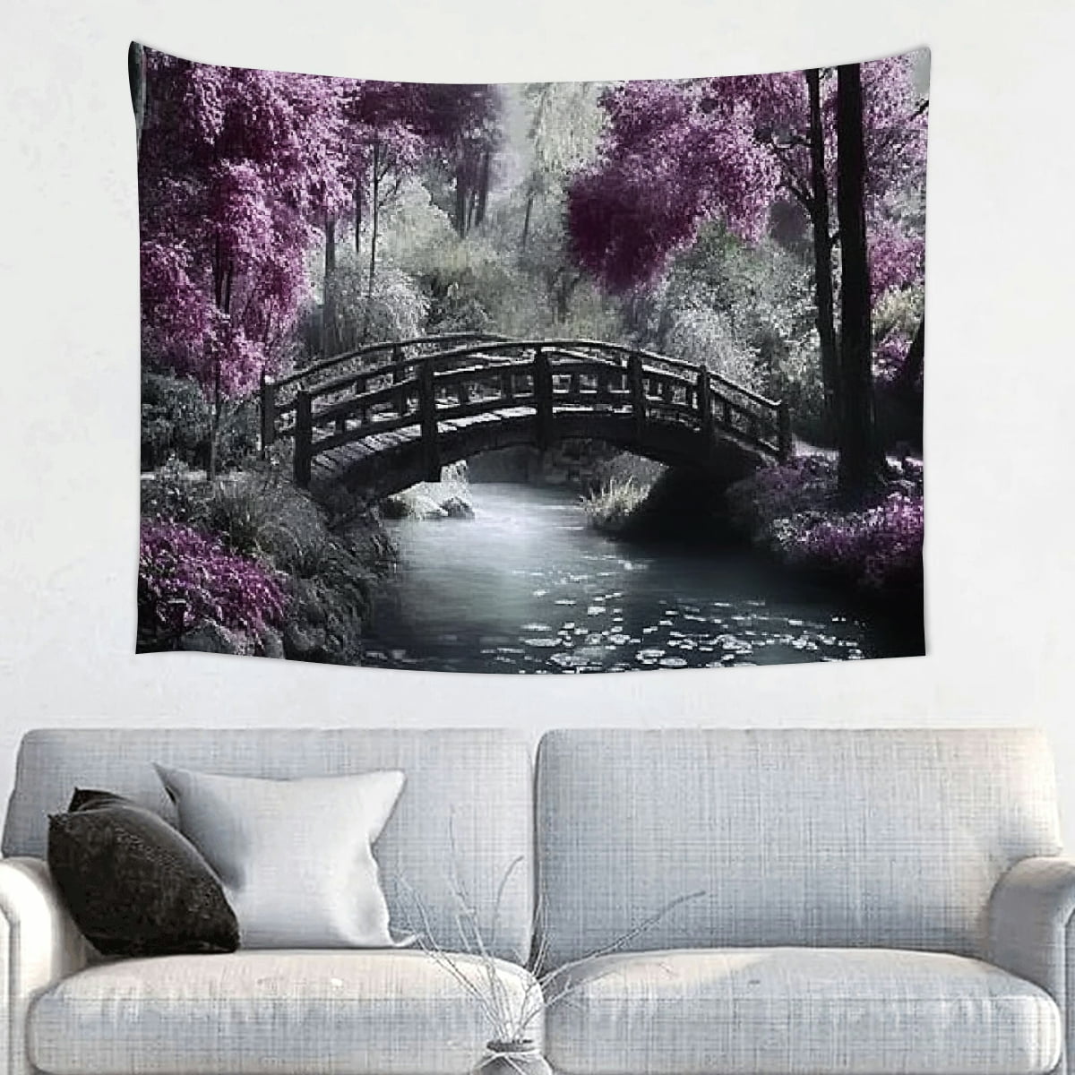 RKSupls Lush Purple Bougainvillea Forest and Rustic Bridge Tapestry ...