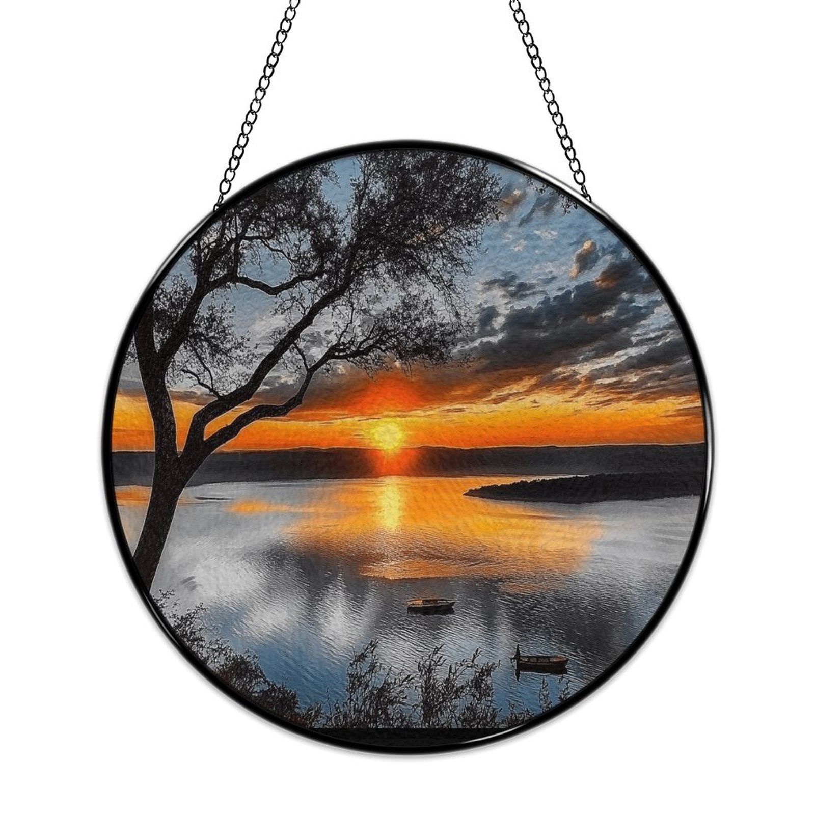 RKSupls Round Stained Glass Window Suncatcher, Lake Sunset Boats Tree ...