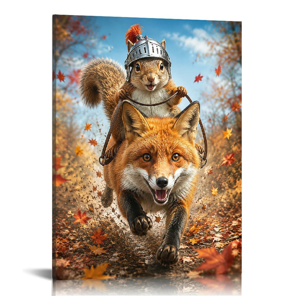 RKSupls Squirrel Knight Riding Fox in Autumn Modern Art, Canvas Wall ...