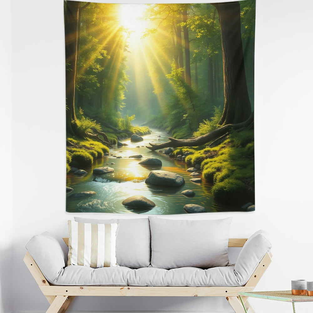 RKSupls Vertical Tapestry Wall Hanging, Sunlit Forest Stream Serene ...