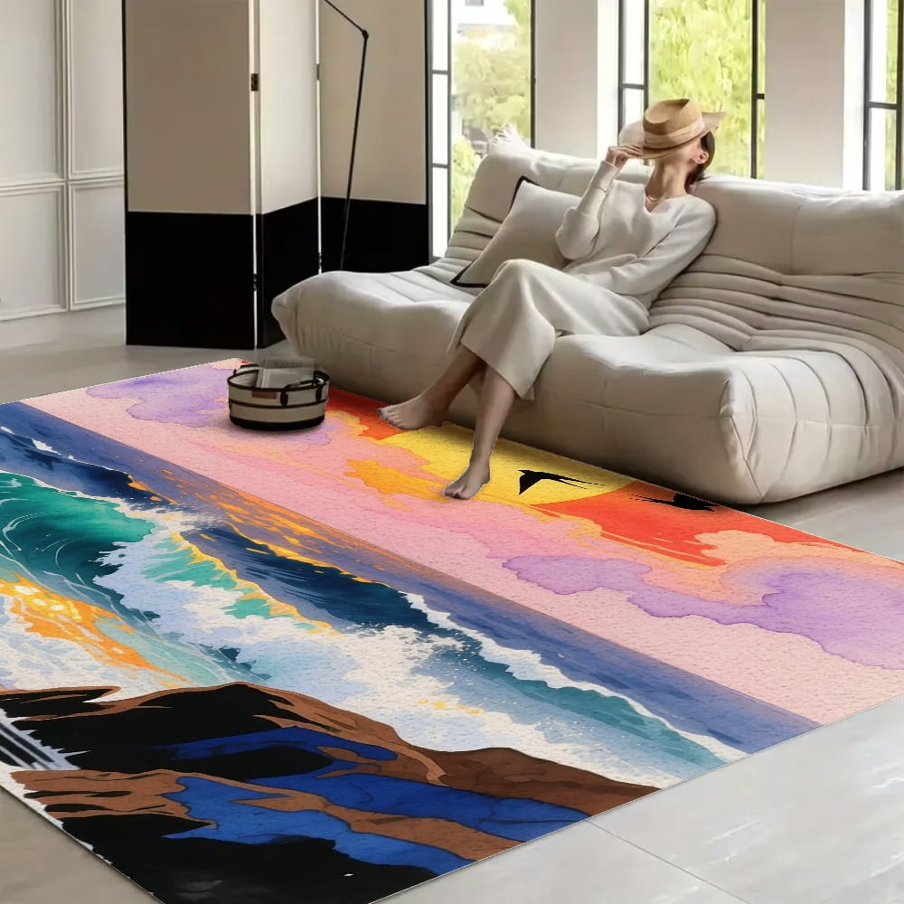 RKSupls Watercolor Sunset Beach Picture Soft Fluffy Velvet Area Rug for ...