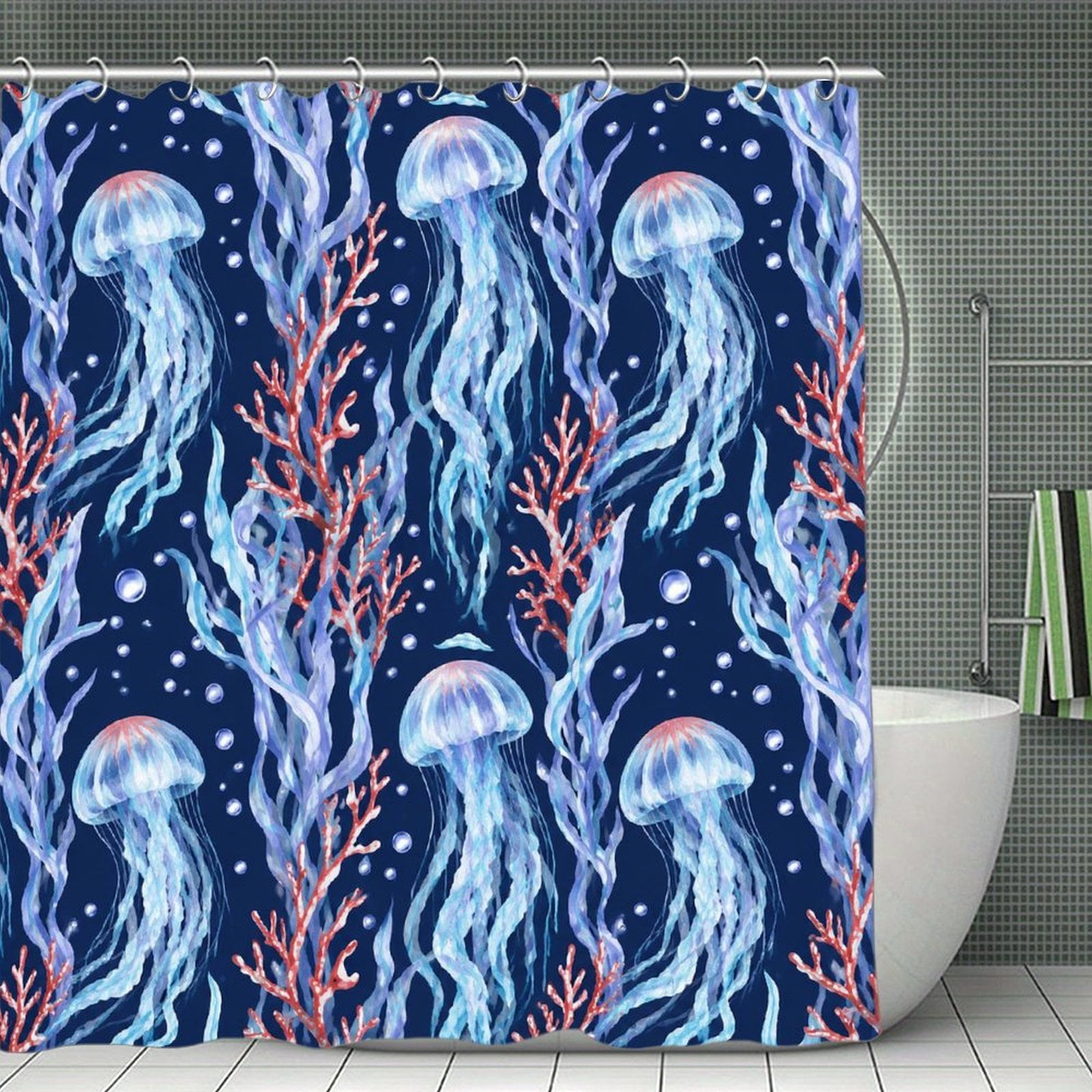 RKSupls Waterproof Shower Curtain, Jellyfish Seaweed Ocean Pattern ...
