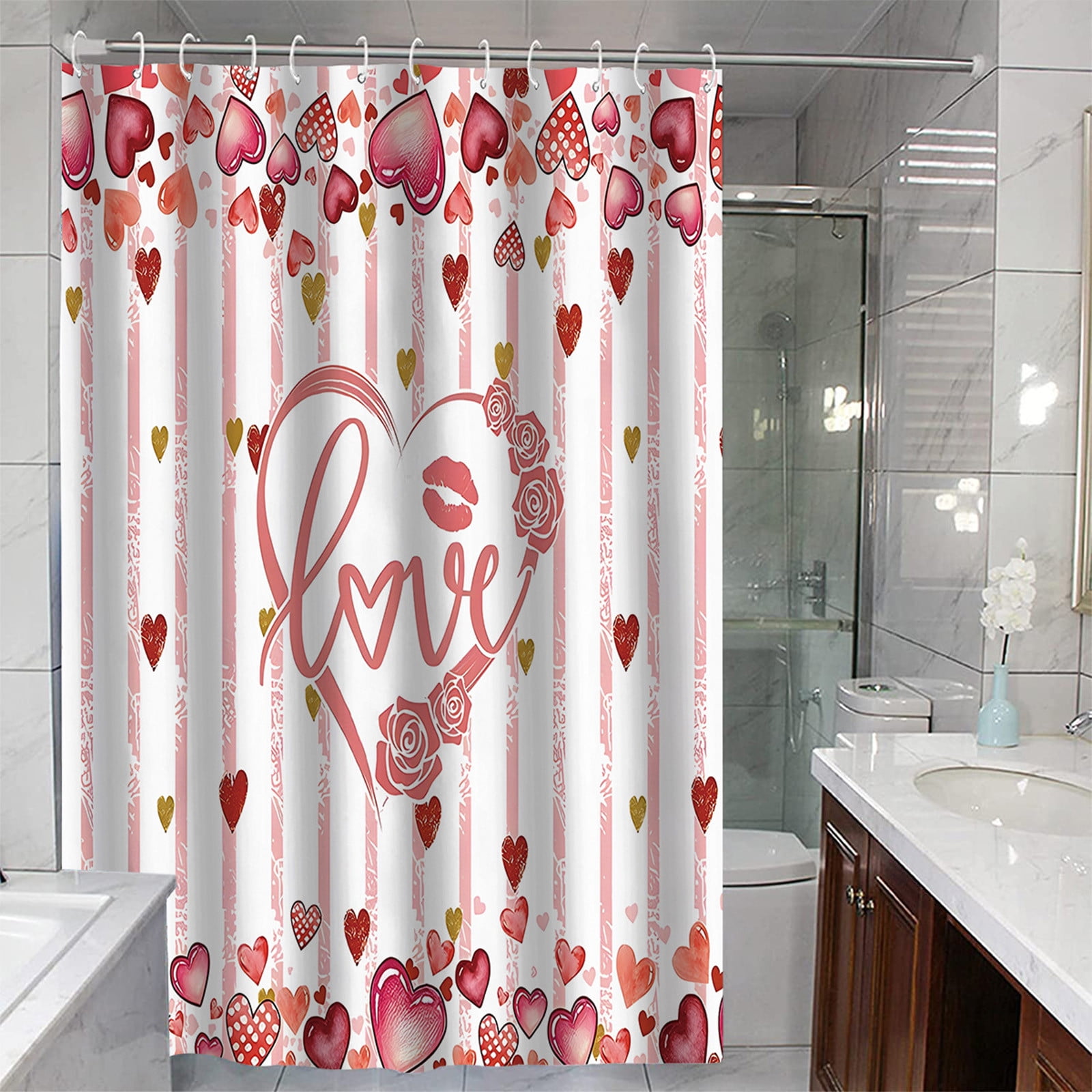 Rkzdsr Valentines Day Shower Curtain Romantic Red Rose Heart Valentine