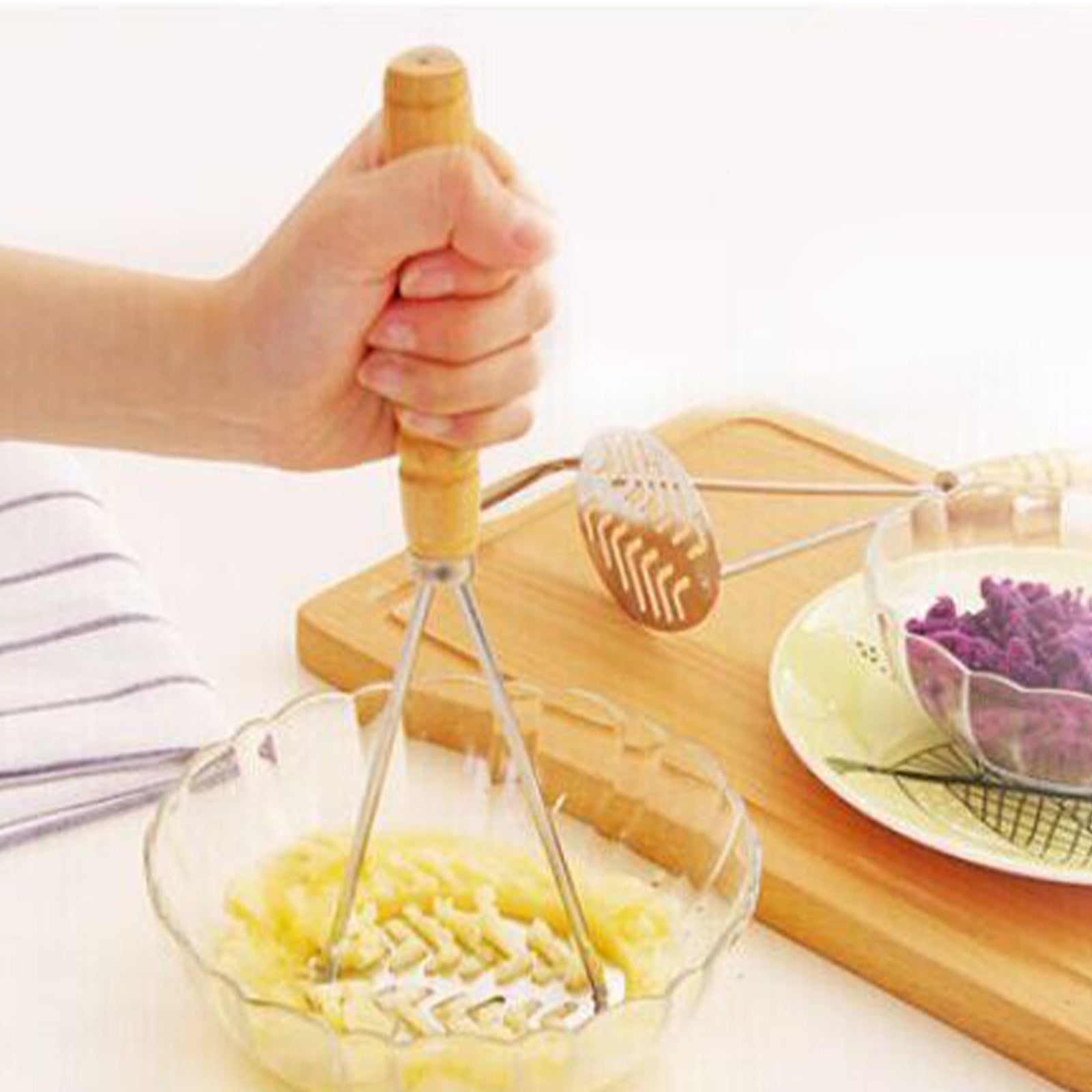 RKZDSR Wooden Handle Stainless Steel Potato Smasher - Handheld Kitchen ...