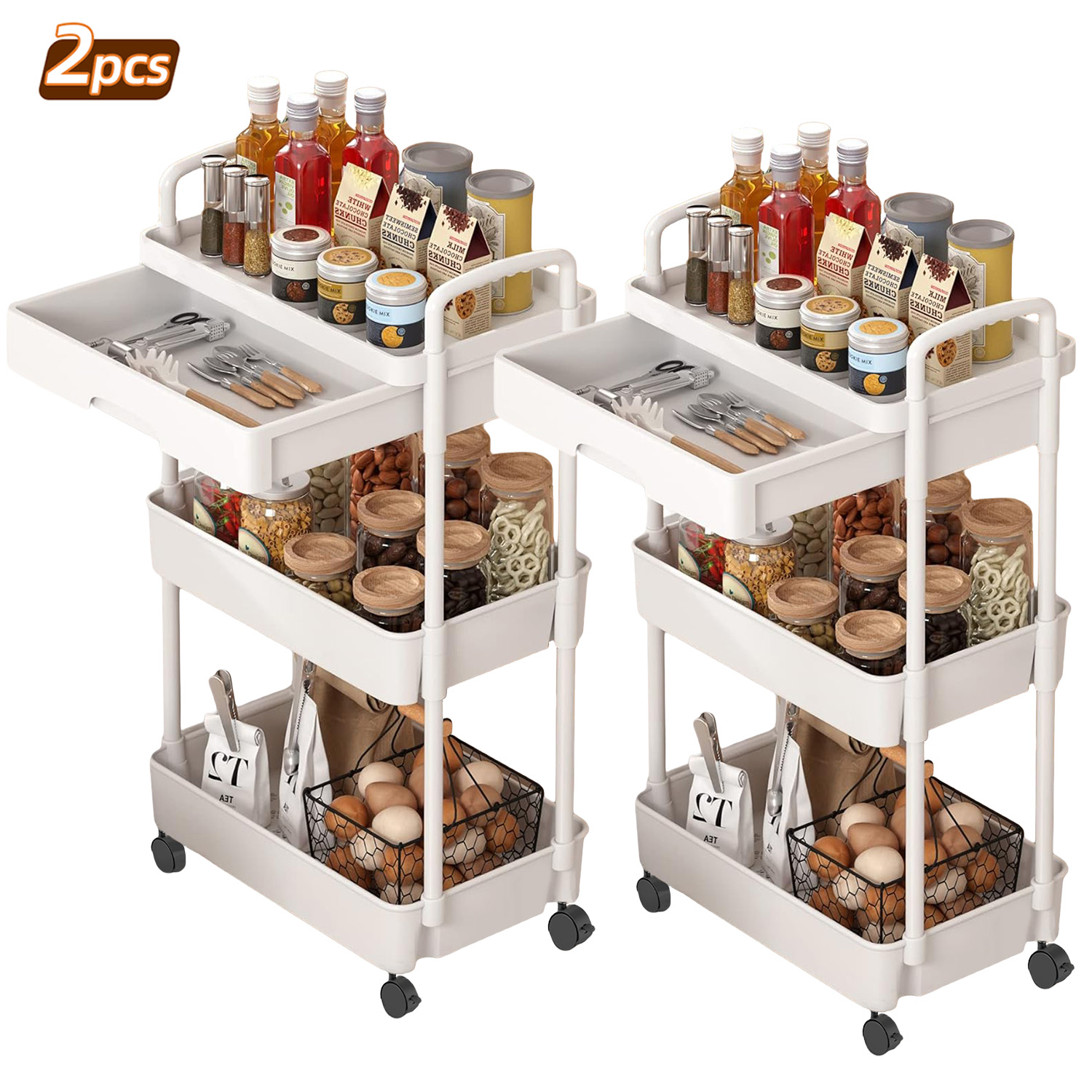 3 Tier Mesh Utility Cart Rolling Metal Organization Cart with Handle ...