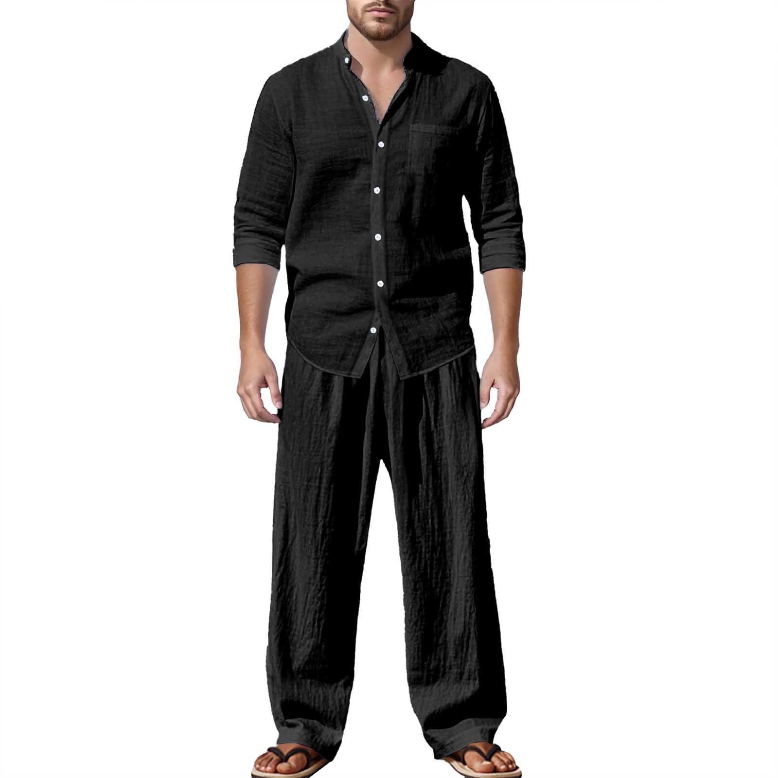 RMGVDSD Mens Linen Sets 2 Piece Long Sleeve Button Down Shirts Tops And ...