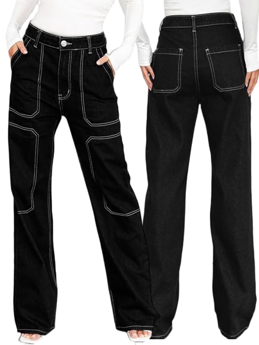 ROAD MARKINGS High Waist Wide Leg Jeans, Black Denim with Contrast ...