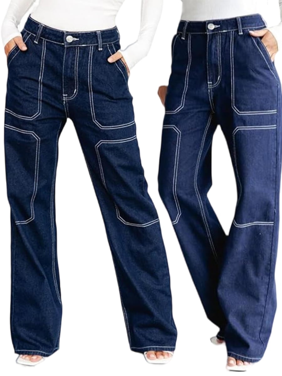 ROAD MARKINGS High Waist Wide Leg Jeans, Dark Blue Denim with Contrast ...