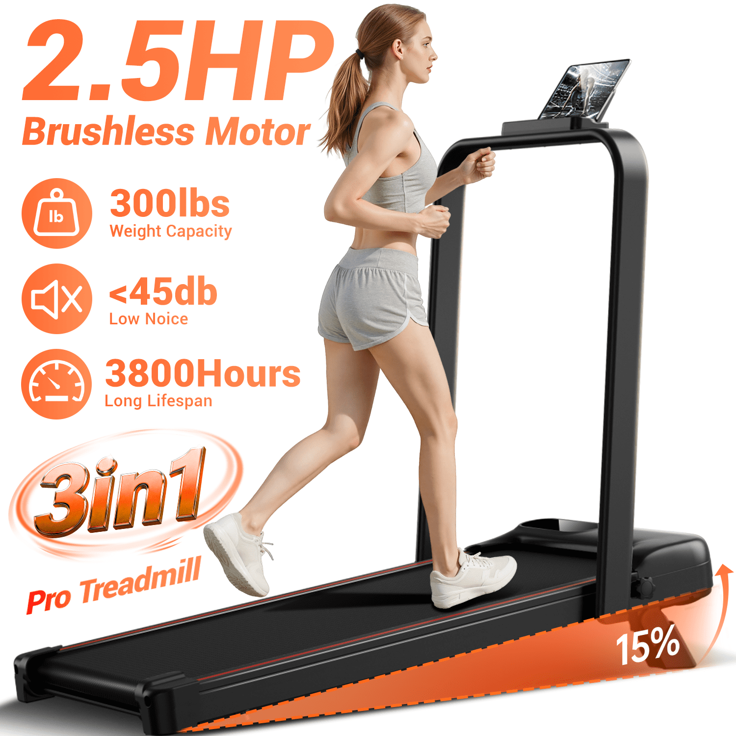 ROBORE Folding Treadmill with 15% Incline, 4 in 1 Under Desk Walking ...