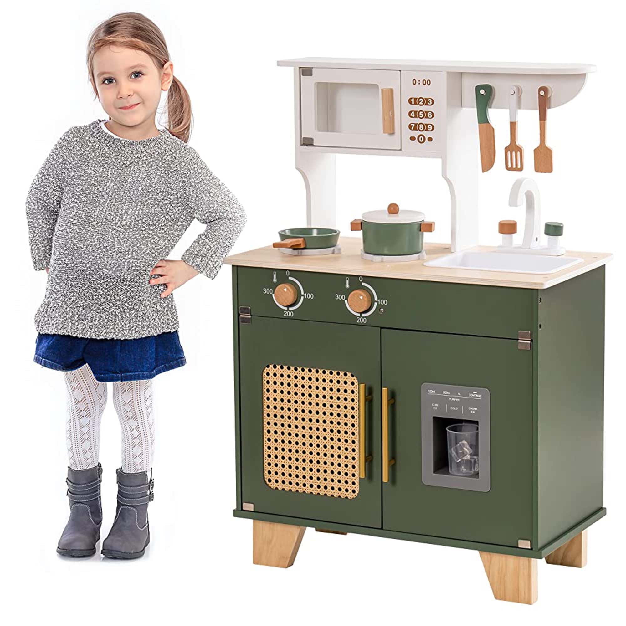 ROBOTIME Vintage Green Play Kitchen Set with Pretend Ice Cube Dispenser ...