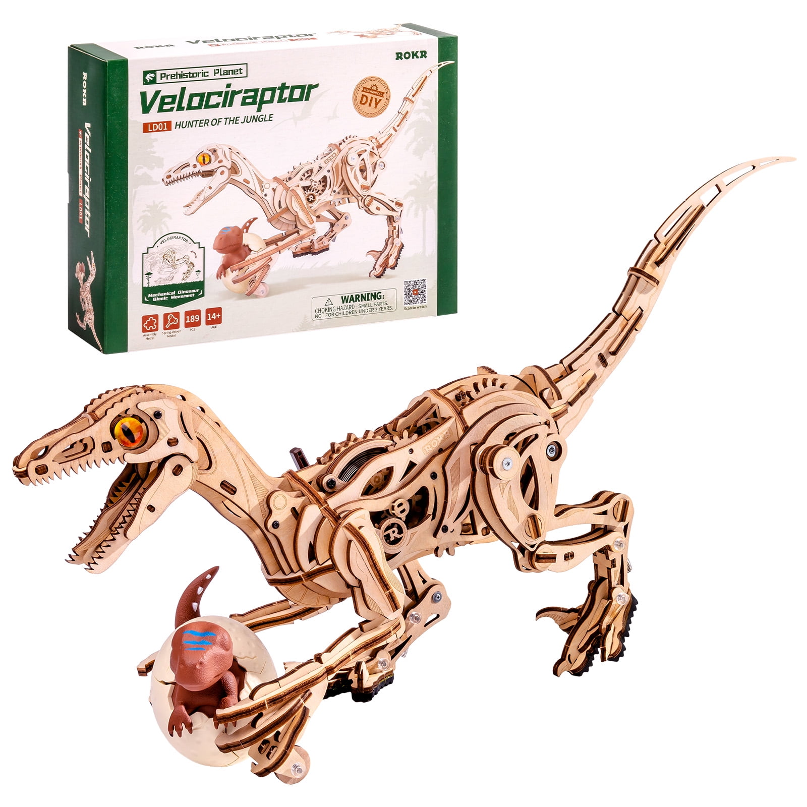 ROBOTIME Wooden 3D Puzzle, Velociraptor Mechanical DIY Model Craft Kit ...