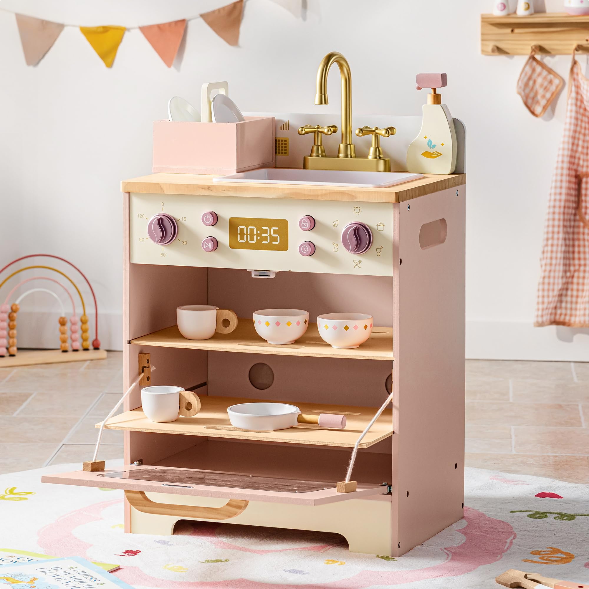 ROBOTIME Wooden Toy Dishwasher Sink – Pink Pretend Kitchen Toy with ...