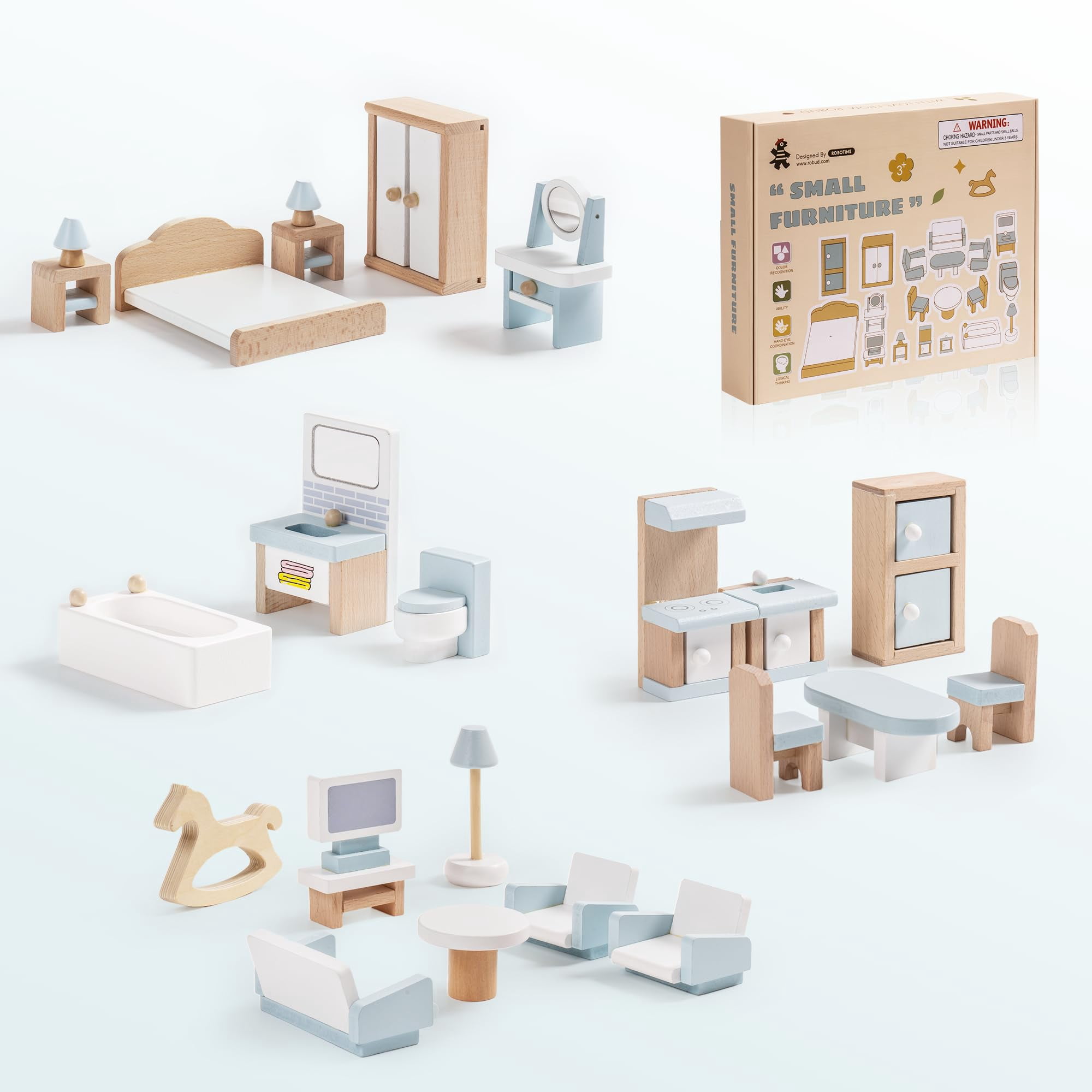 ROBUD 23pcs Wooden Dollhouse Furniture Set Accessories Pretend Play ...