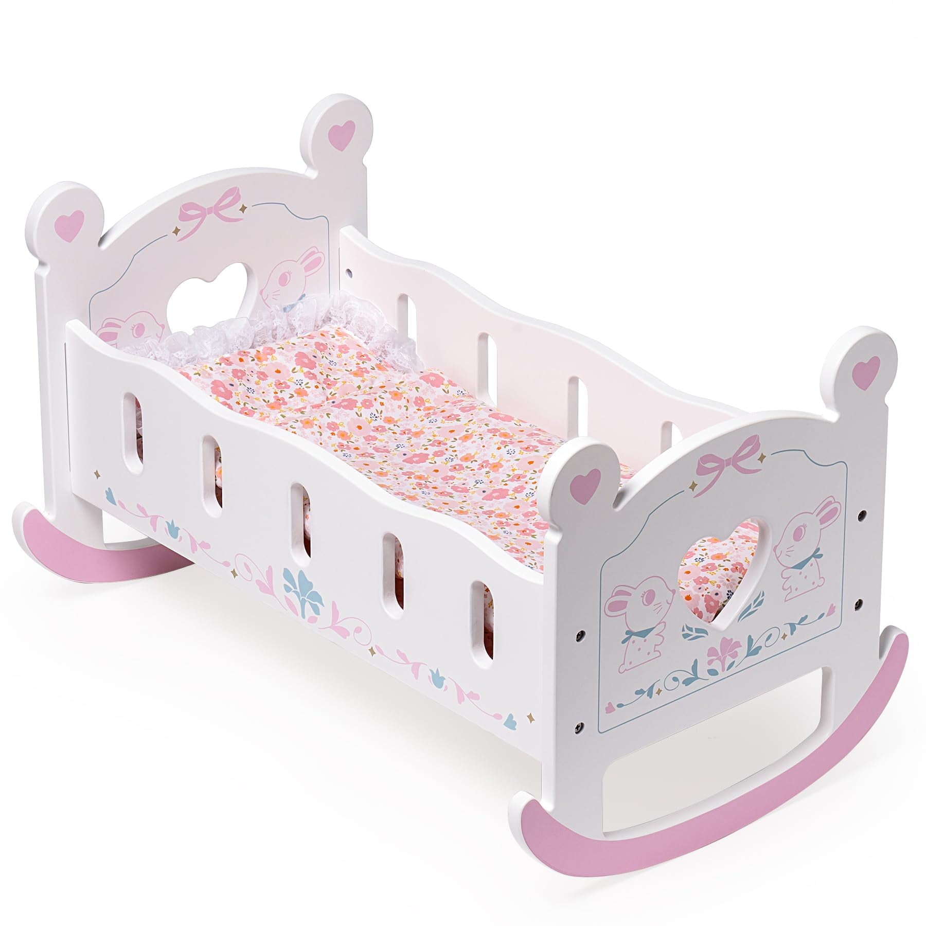 ROBUD Wooden Doll Cradle Rocking Baby Doll Crib, Reversible Doll Bed Furniture with Pink Pad for ...
