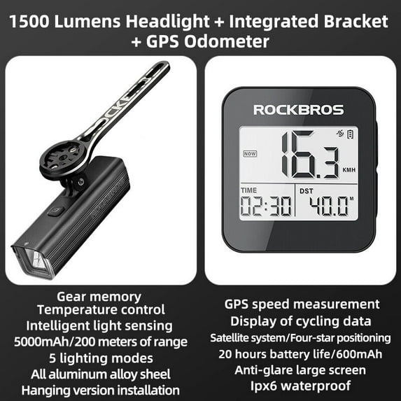ROCKBROS Bike Headlight & Speedometer Odometer Set Cycling USB ...