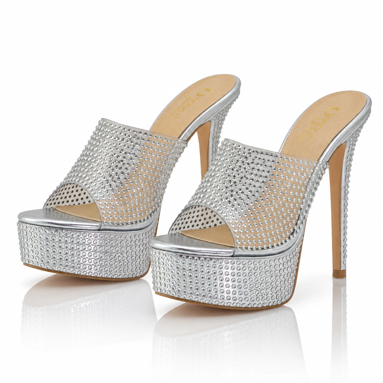 ROCKIT Silver High Heels for Women Pumps Wedges Heeled Sandals Comfort ...