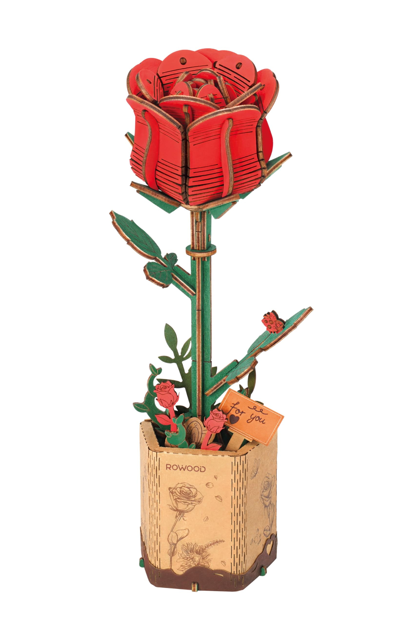 ROKR 3D Wooden Puzzle Red Rose DIY Model Building Kits Artifical Flower ...