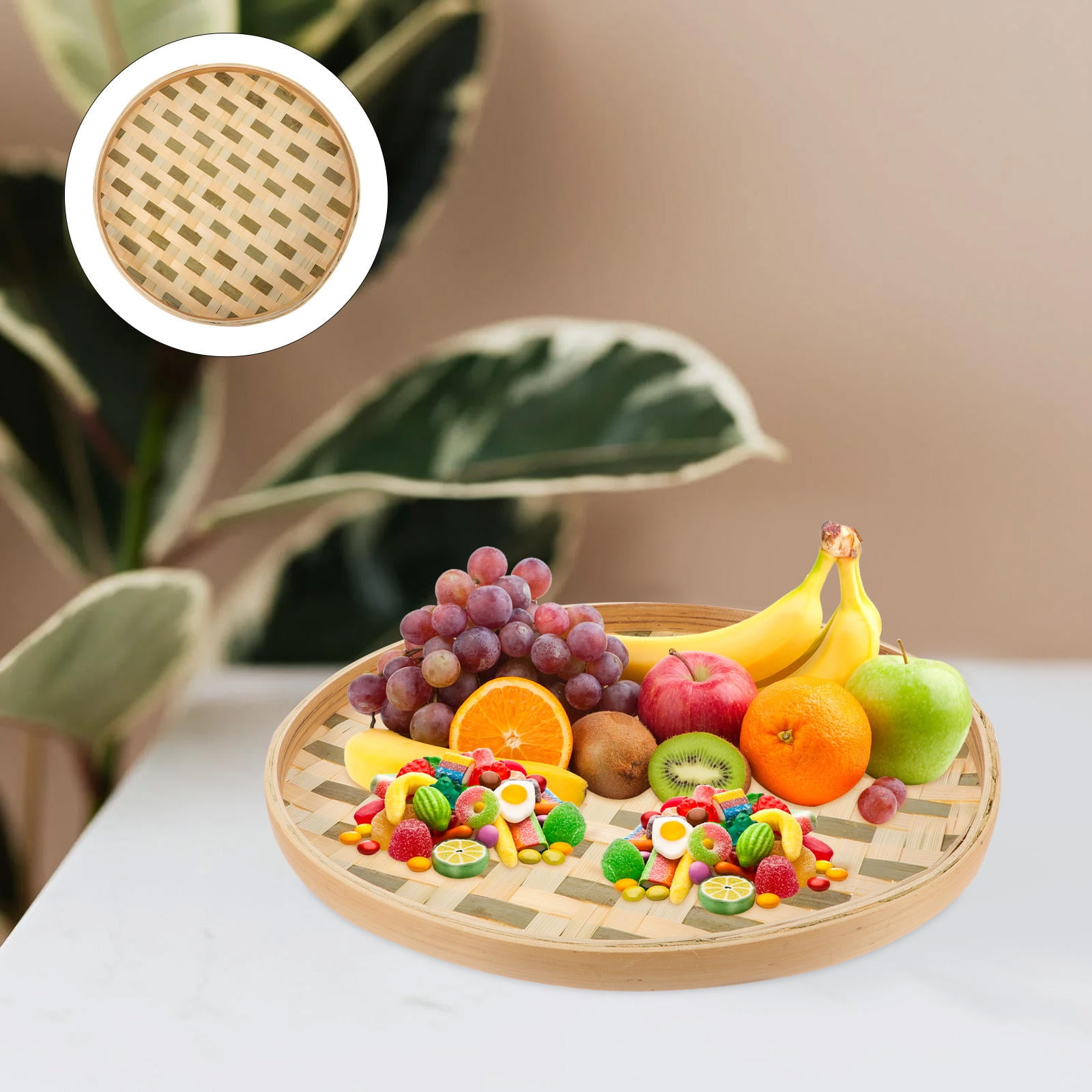 ROMANSENTIAL 1Pcs Round Woven Bamboo Storage Tray Kitchen Use Assorted ...