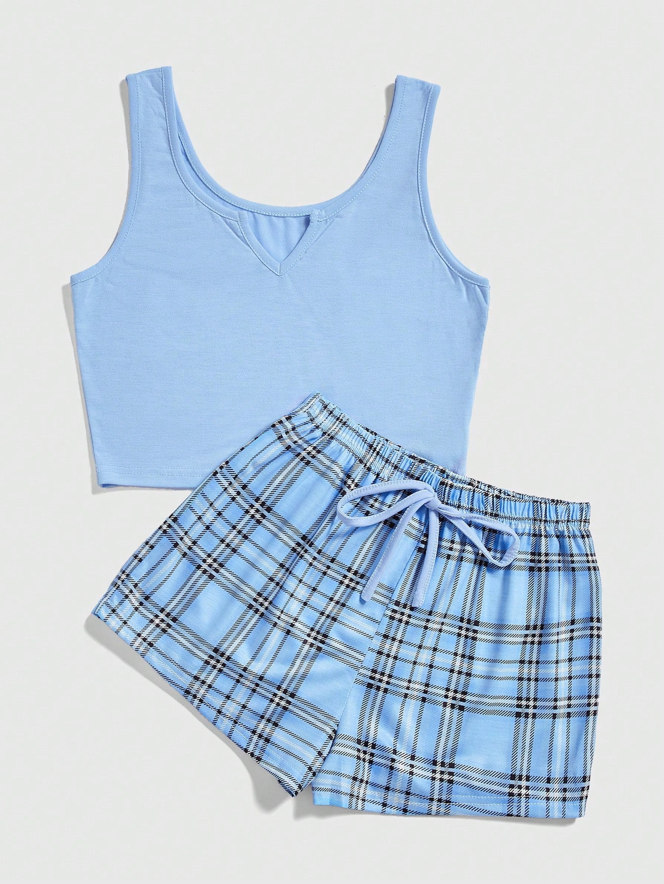 ROMWE Kawaii Plaid Notched Neck PJ Set, School - Walmart.com
