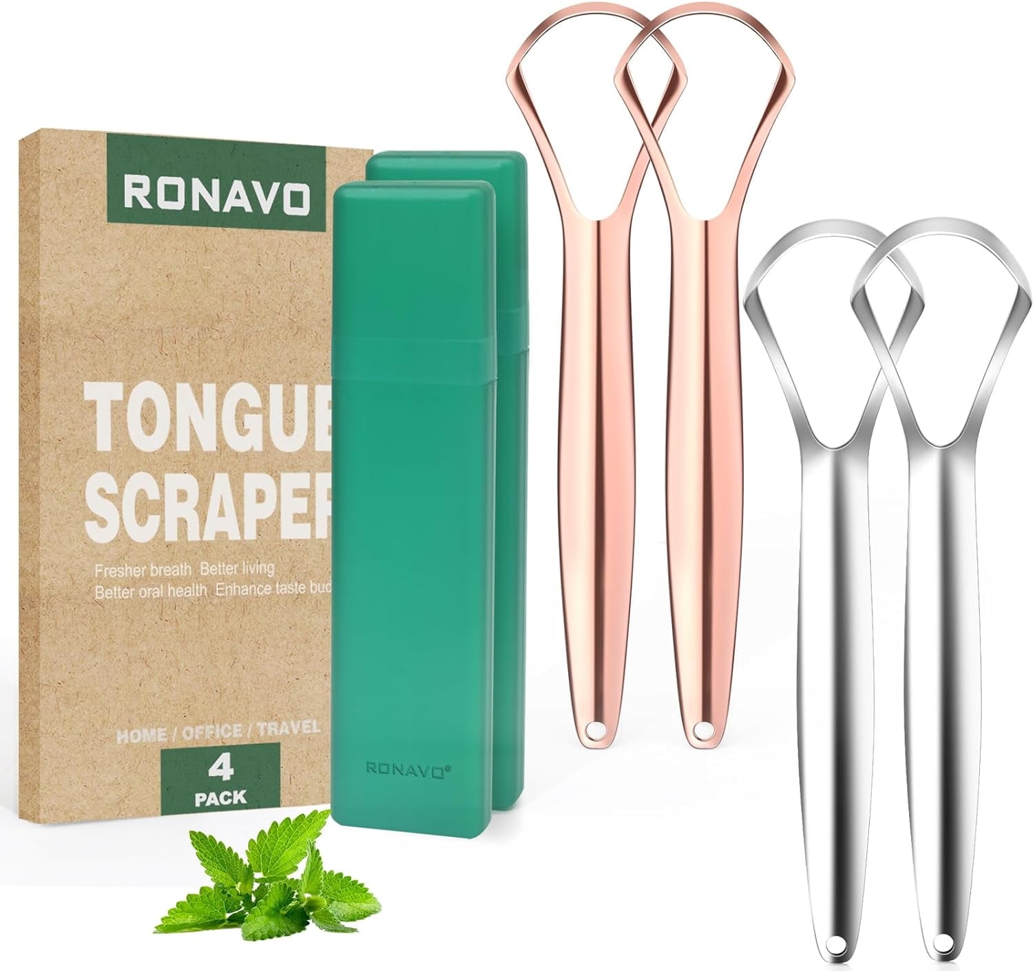 RONAVO Tongue Scraper for Adults (4 PC), Metal Tongue Scraper Rustproof ...