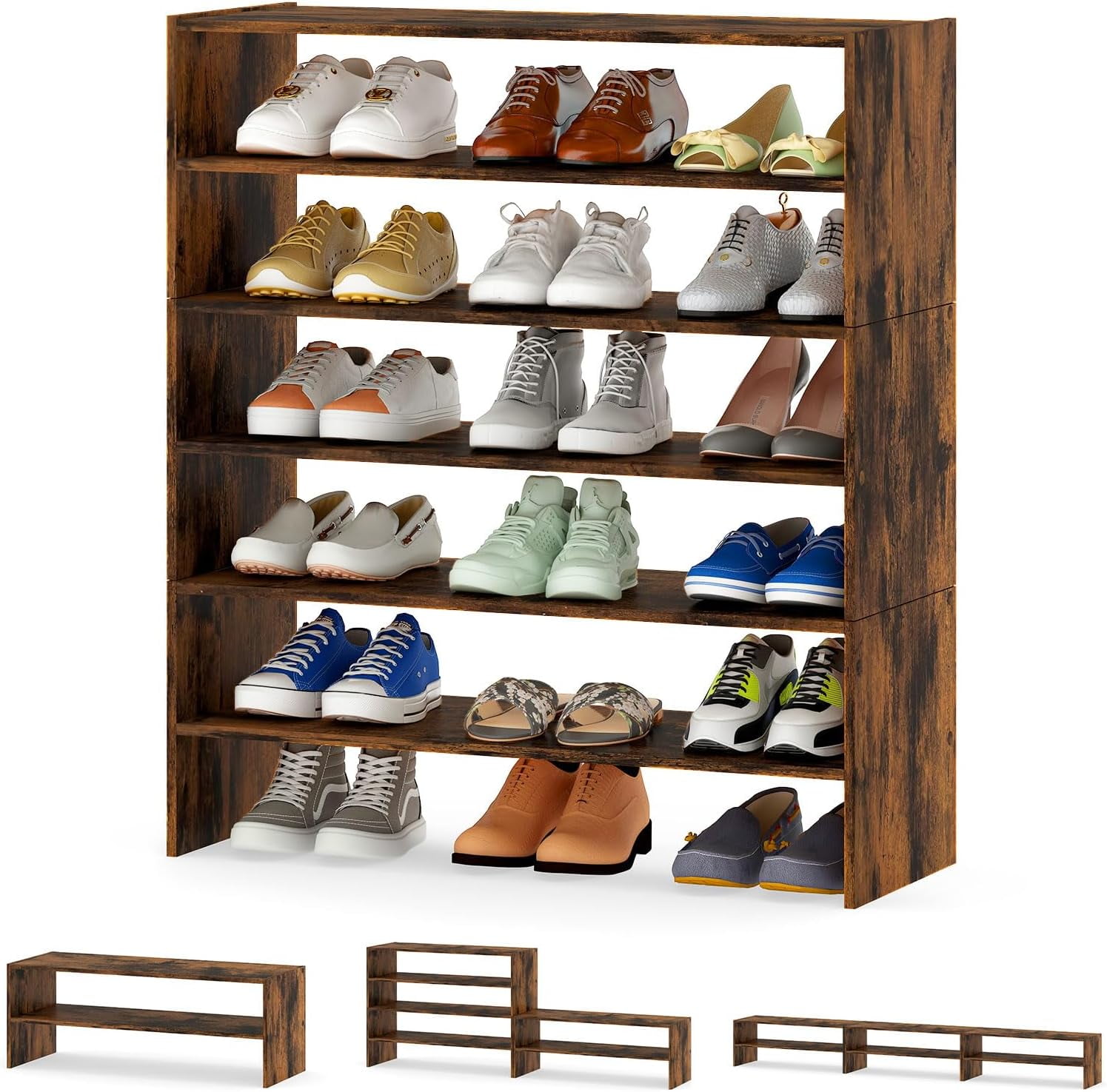 RONG-3 6-Tier Stackble Shoe Rack for Closet, Space Saving Wooden Corner ...