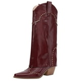 RONILURN Women Shark Boots Fold Over Mid Calf Chunky Heel Snip Toe ...