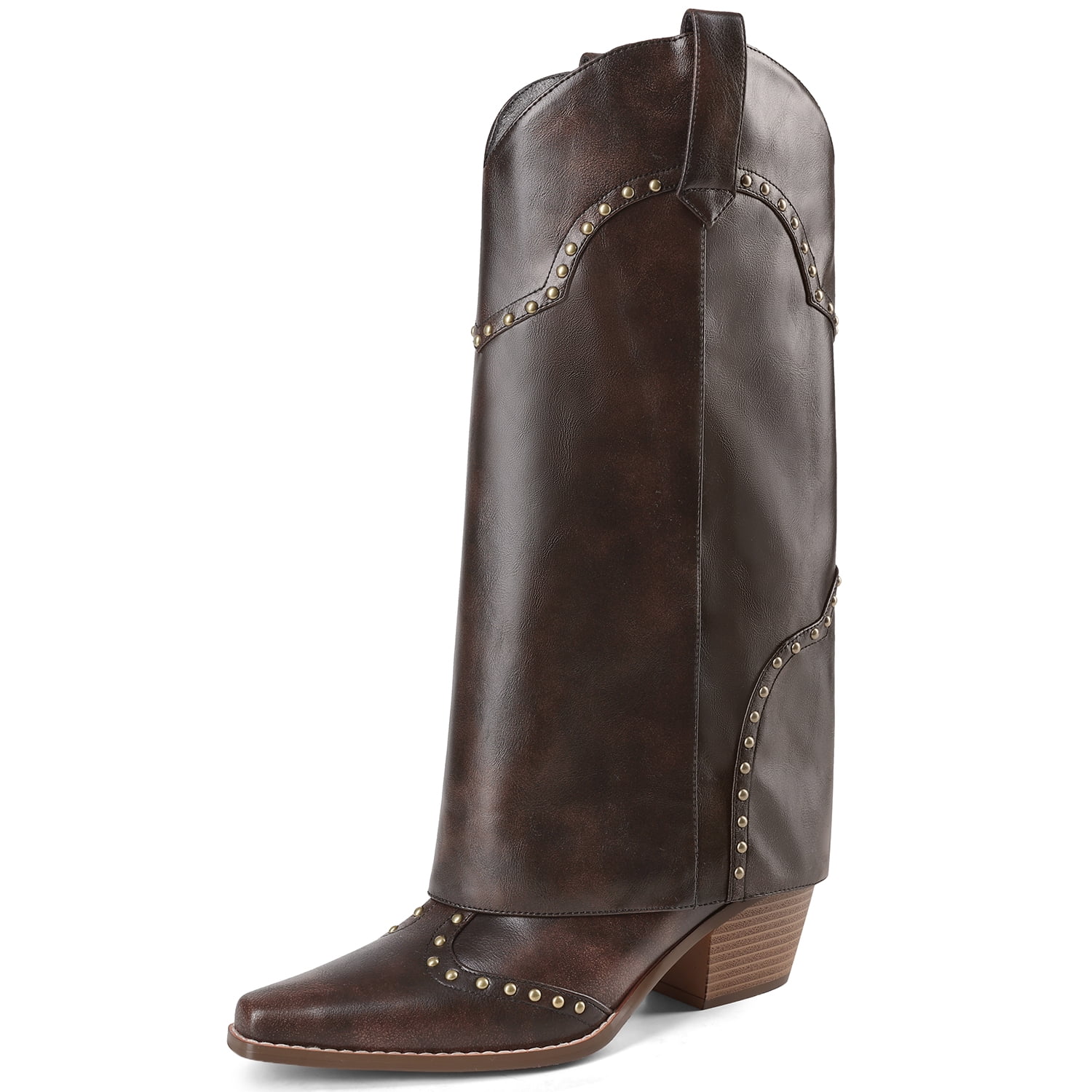 RONILURN Women's Studded Foldover Western Cowboy Boots | Square Toe ...