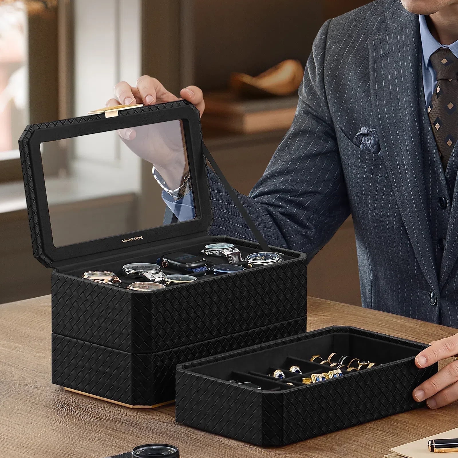 RONNE 3-Tier Watch Box, Stackable 8-Slot Watch Case, Woven Embossed PU ...