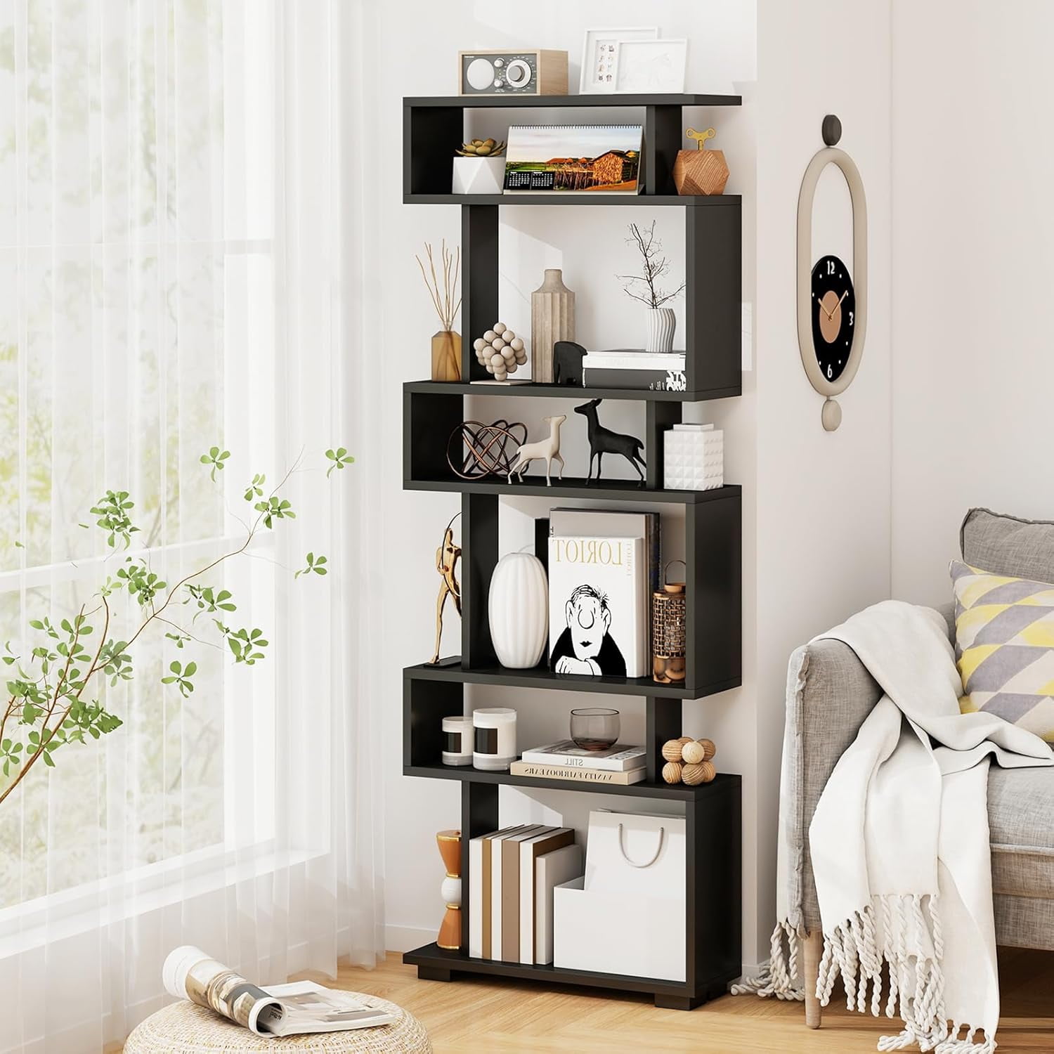 RONOVIA 6-Tier S Shaped Bookcase, 64" Tall Modern Geometric Bookshelf ...