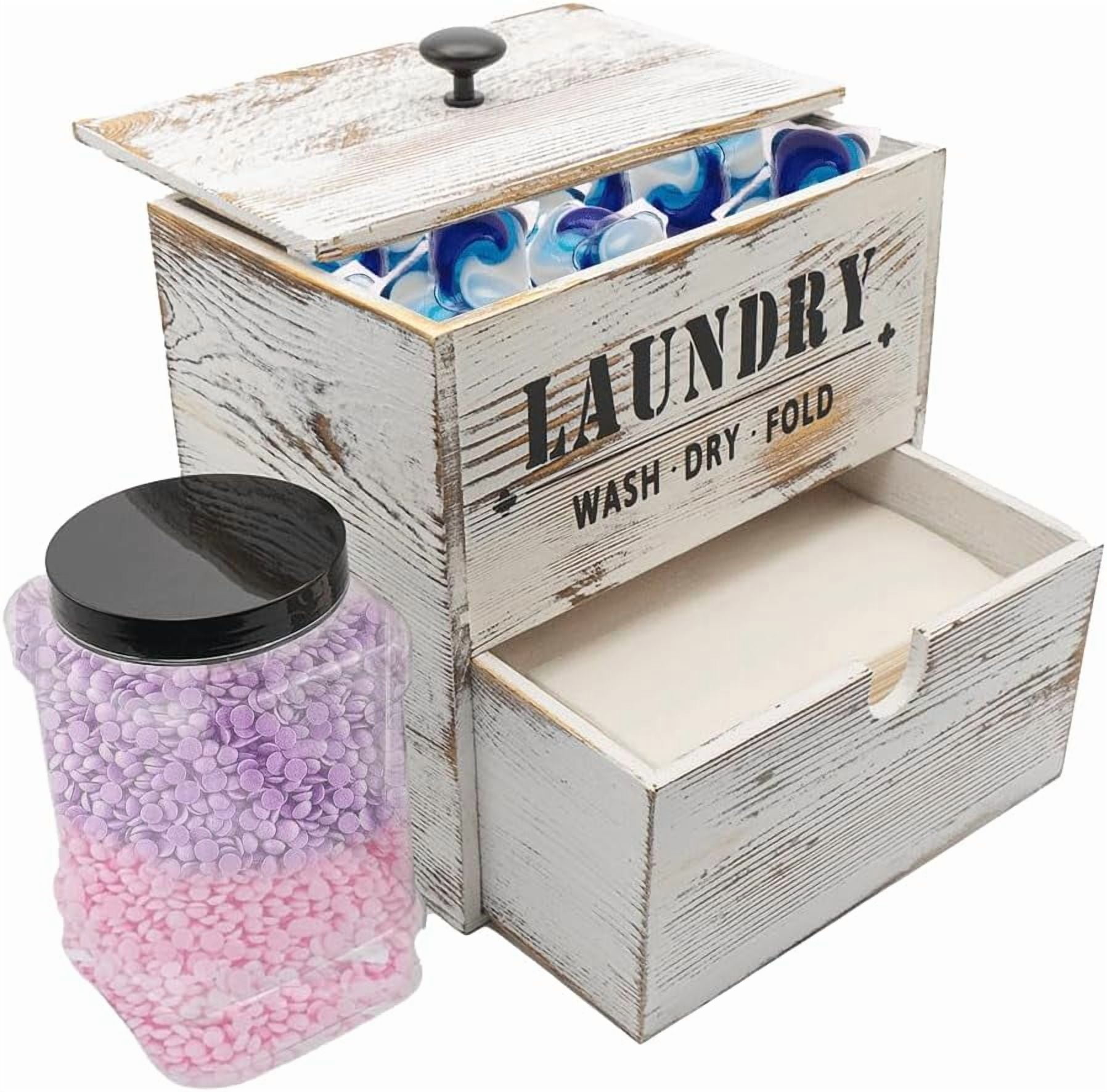 RONOVIA Laundry Pods Container - Whitewashed Wood Pod Storage Container ...