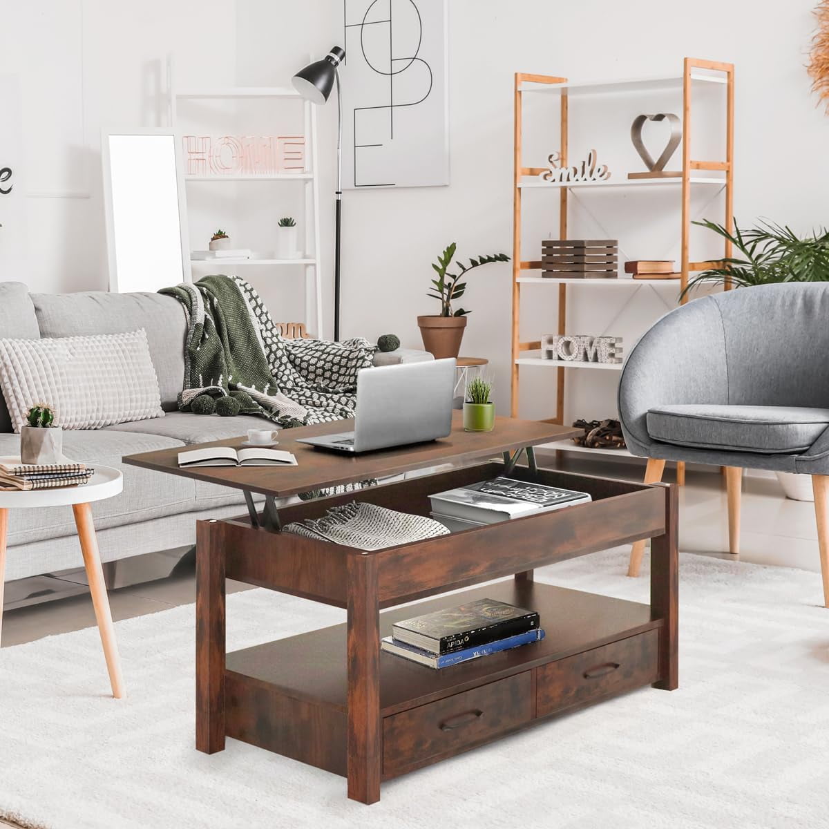 RONOVIA Lift Top Coffee Table with Hidden Compartment & 2 Storage ...