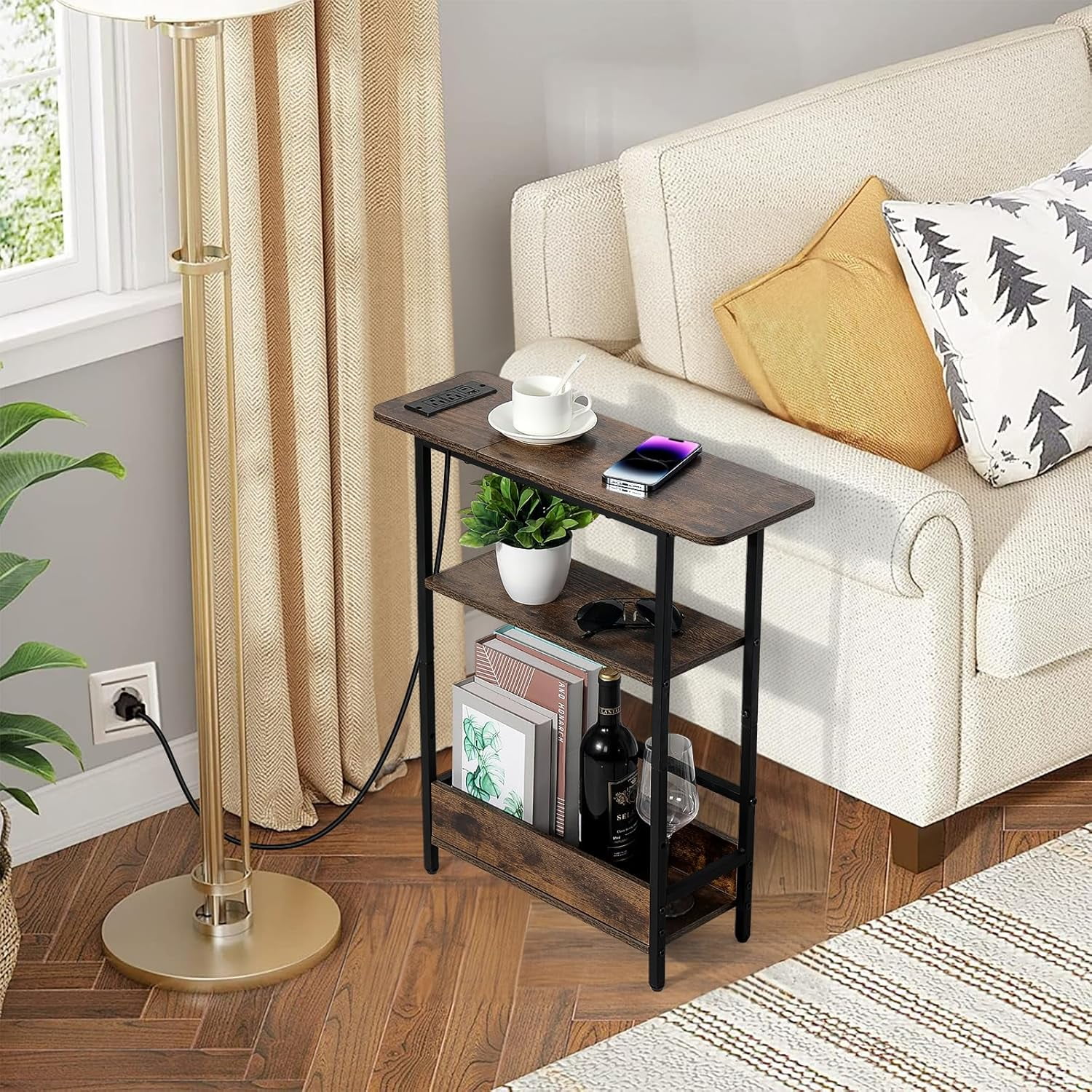 RONOVIA Narrow Side Table with USB-C Charging Station, 3-Tier Slim End ...
