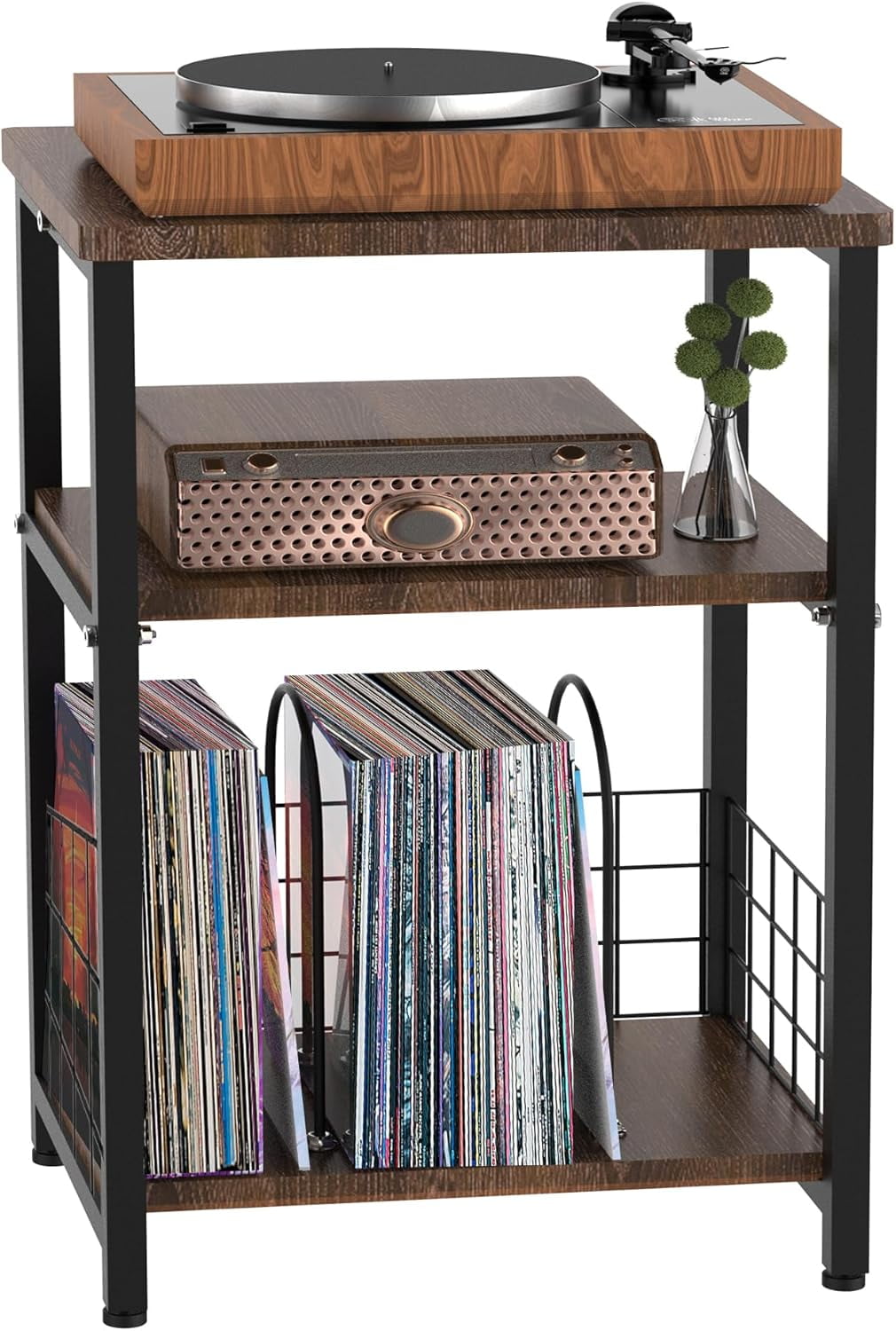 RONOVIA Record Player Stand, 3 Tier End Side Table with Vinyl Record ...