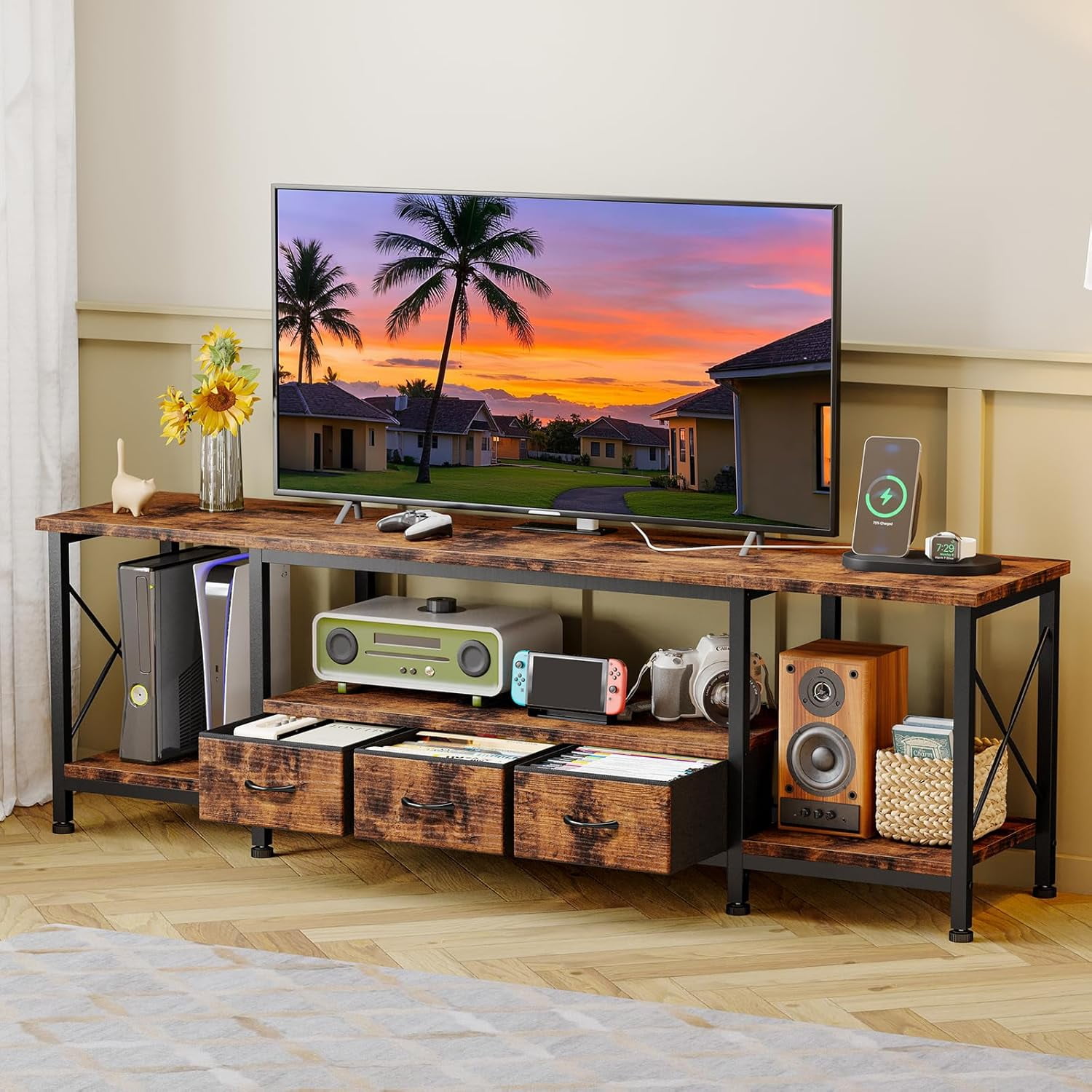 RONOVIA TV Stand for 75 Inch TV Entertainment Center with Power Outlets ...