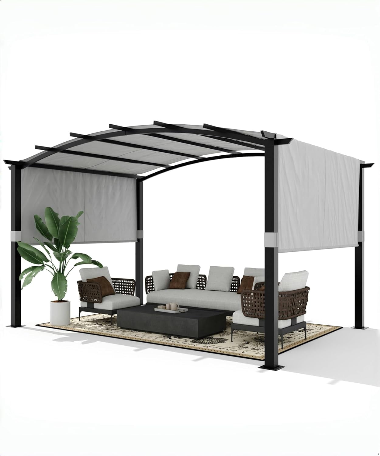 RONSHIN 12x9 Ft Outdoor Arched Aluminum Pergola, Retractable Canopy ...