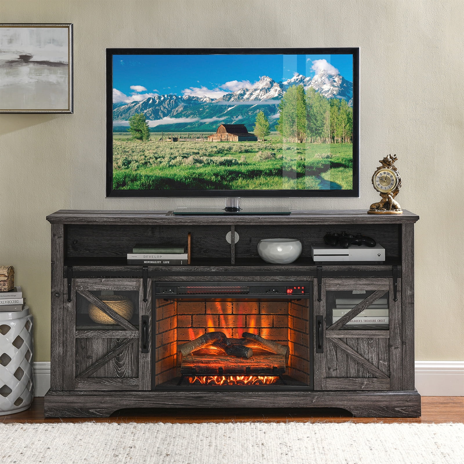 RONSHIN 60" TV Stand with Electric Fireplace Storage Cabinets ...