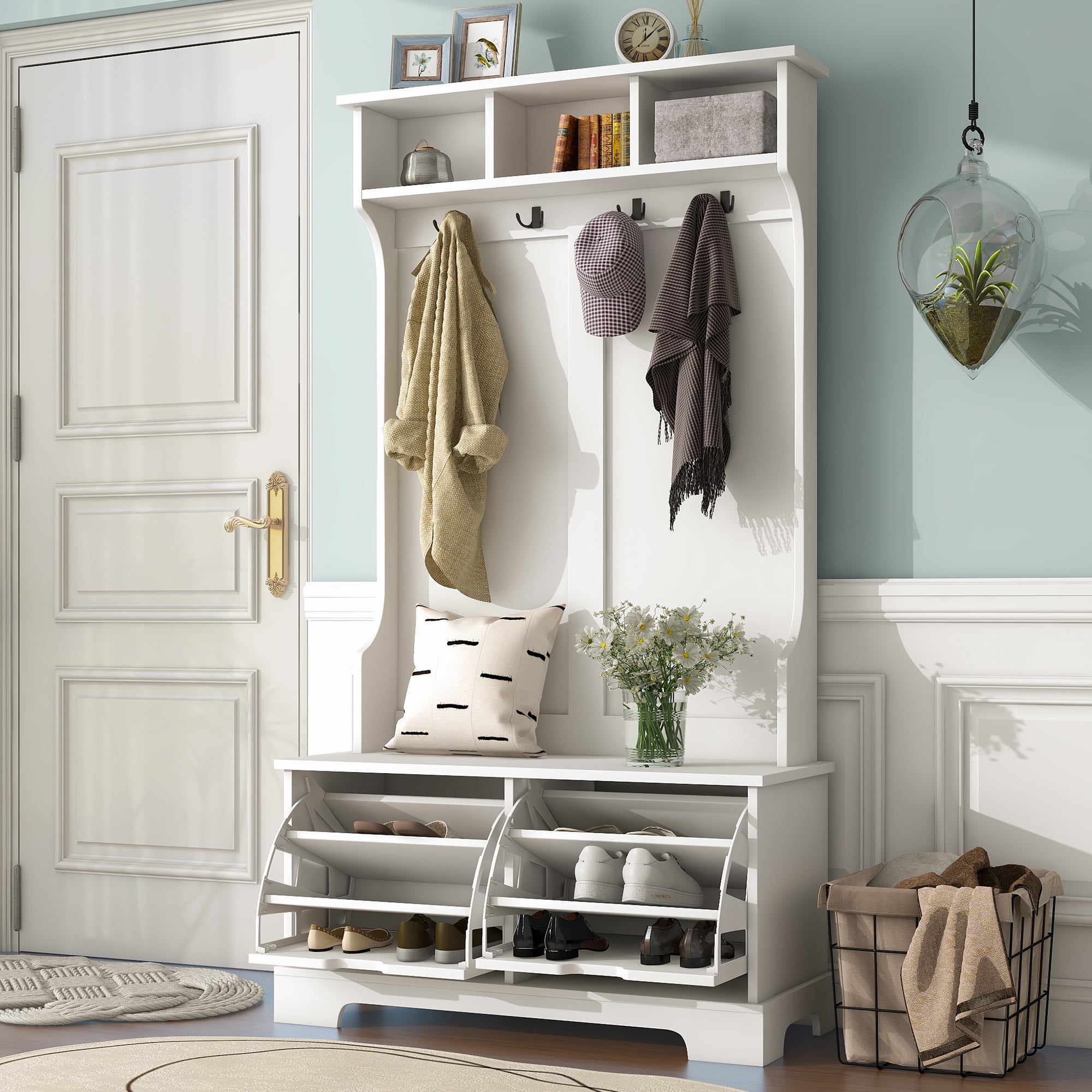 RONSHIN Hall Tree Entryway Bench with Coat Rack And 2 Flip Shoe Storage ...