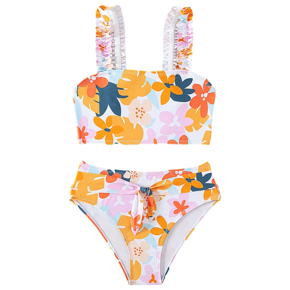 RONSHIN Infant Girls Two Pieces Orange Floral Printing Bow Tie Design ...