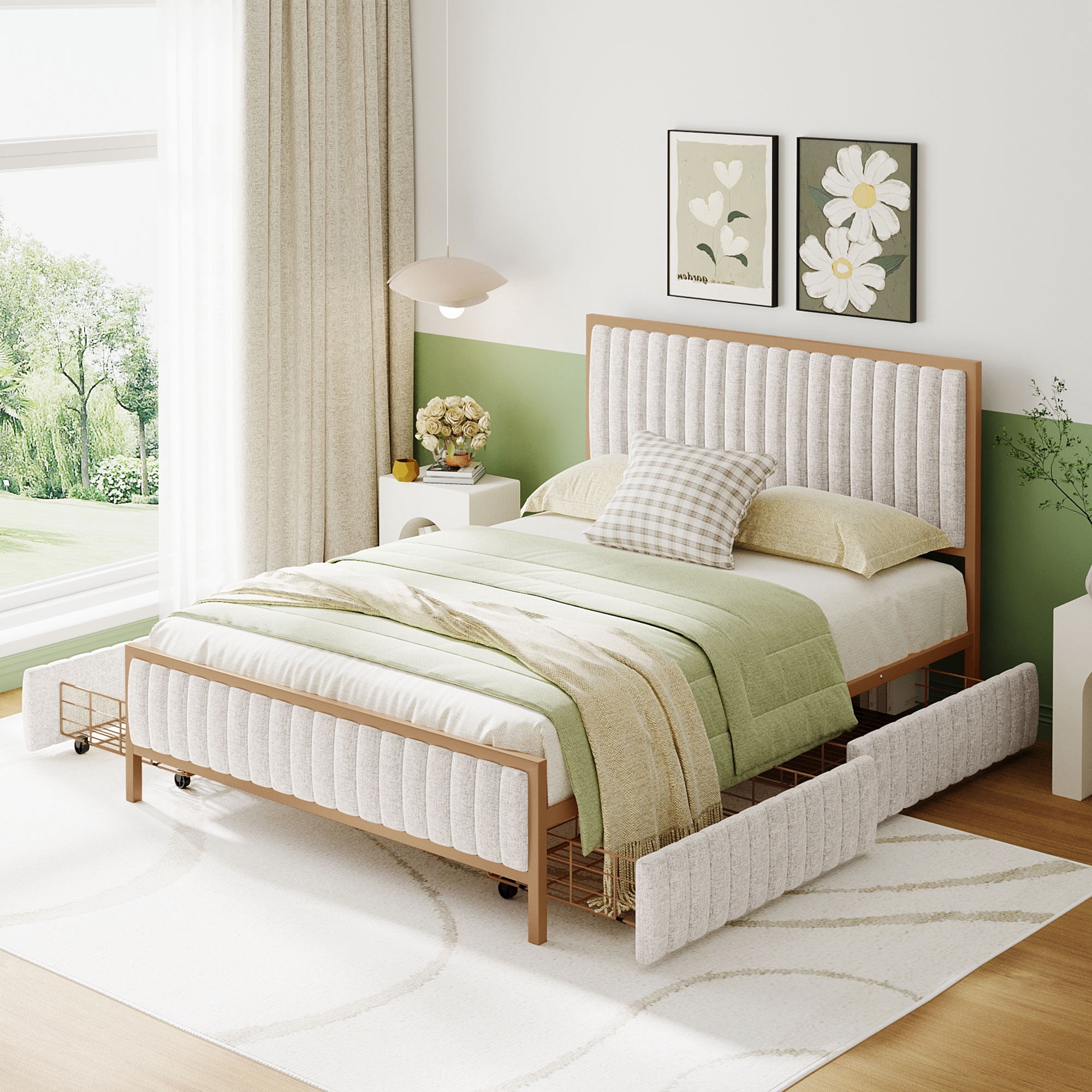 RONSHIN Linen Metal Frame Upholstered Bed with 4 Drawers, Linen Fabric ...