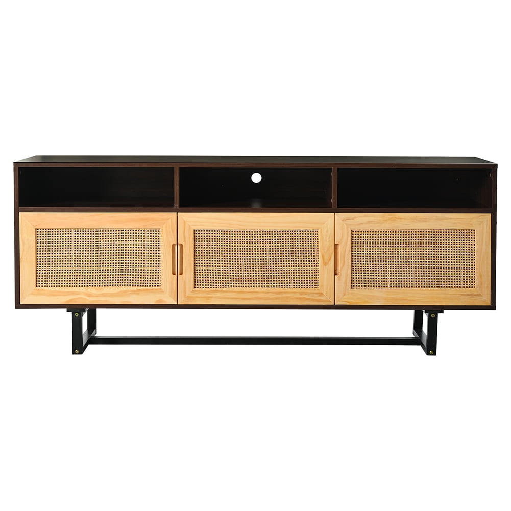 RONSHIN Rattan TV Stand for 75 Inch TV,Entertainment Center with 3 Door ...