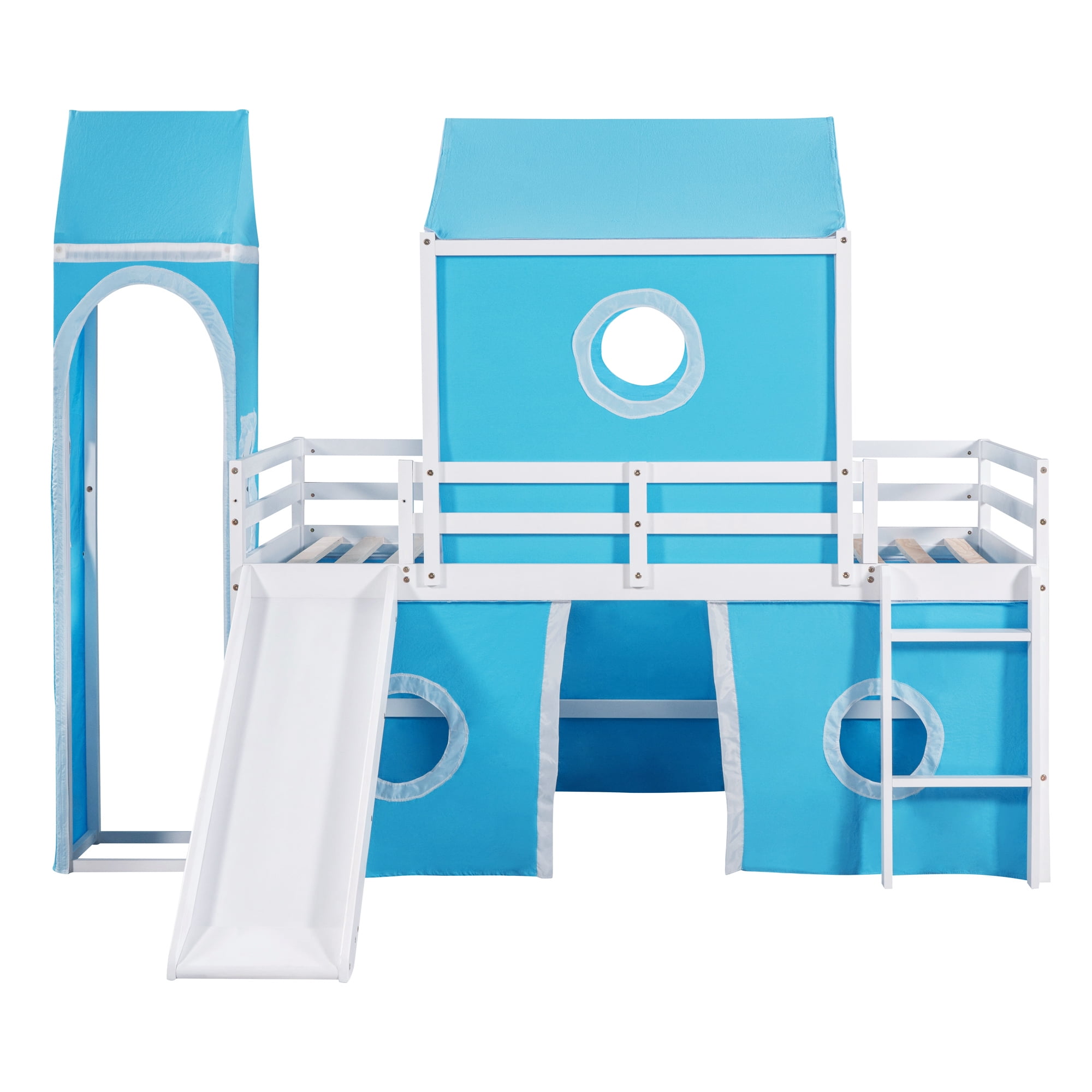RONSHIN Solid Wood Twin Full Bunk Bed With Slide Tent Tower Fun Castle ...
